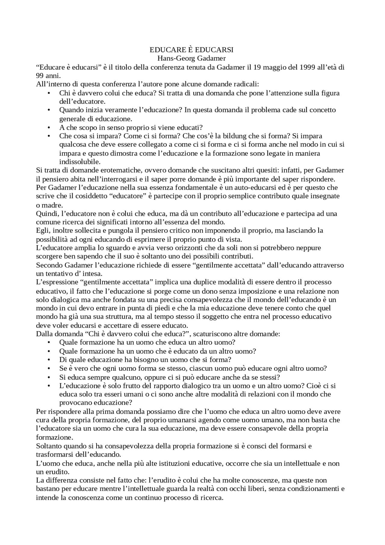 Appunti Esame M Gennari Libro Educare è Educarsi Docsity