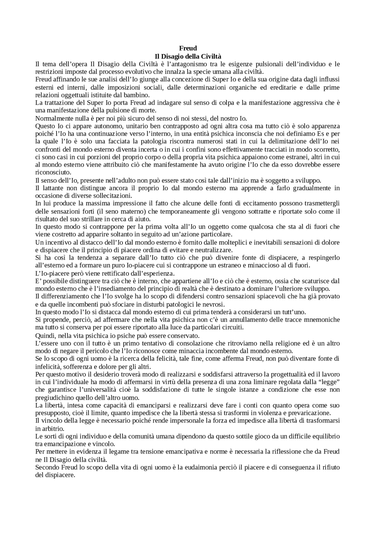 Freud Il Disagio Della Civiltà Docsity