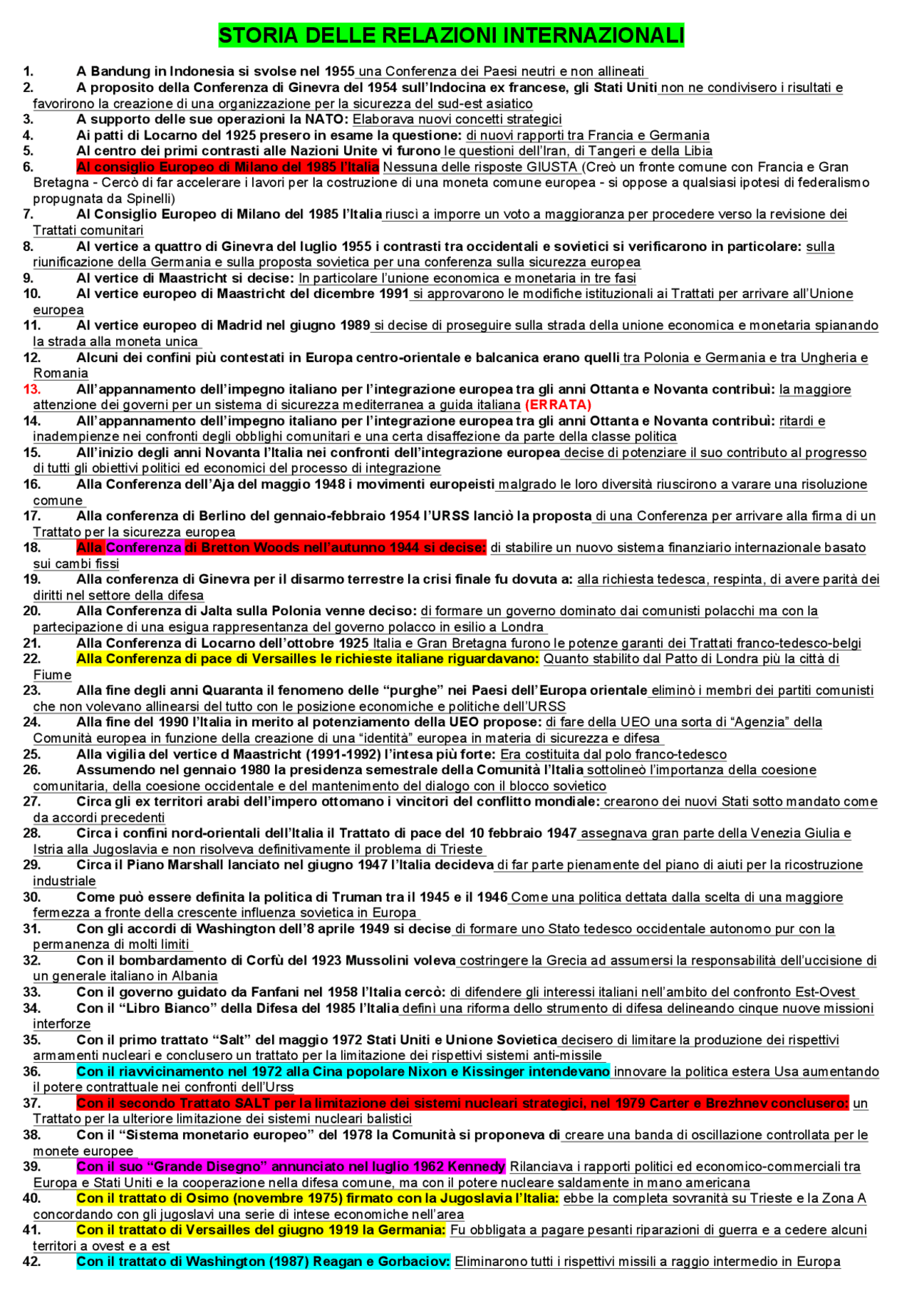 Test Storia Delle Relazioni Internazionali Alfabeticopdf Docsity