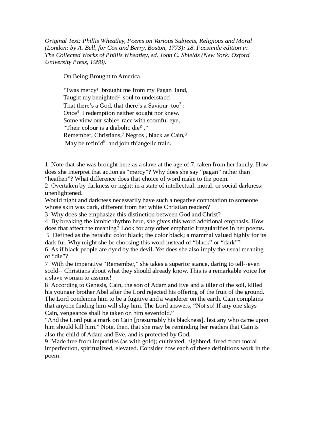 Phillis Wheatley On being brought from Africa to America - Docsity