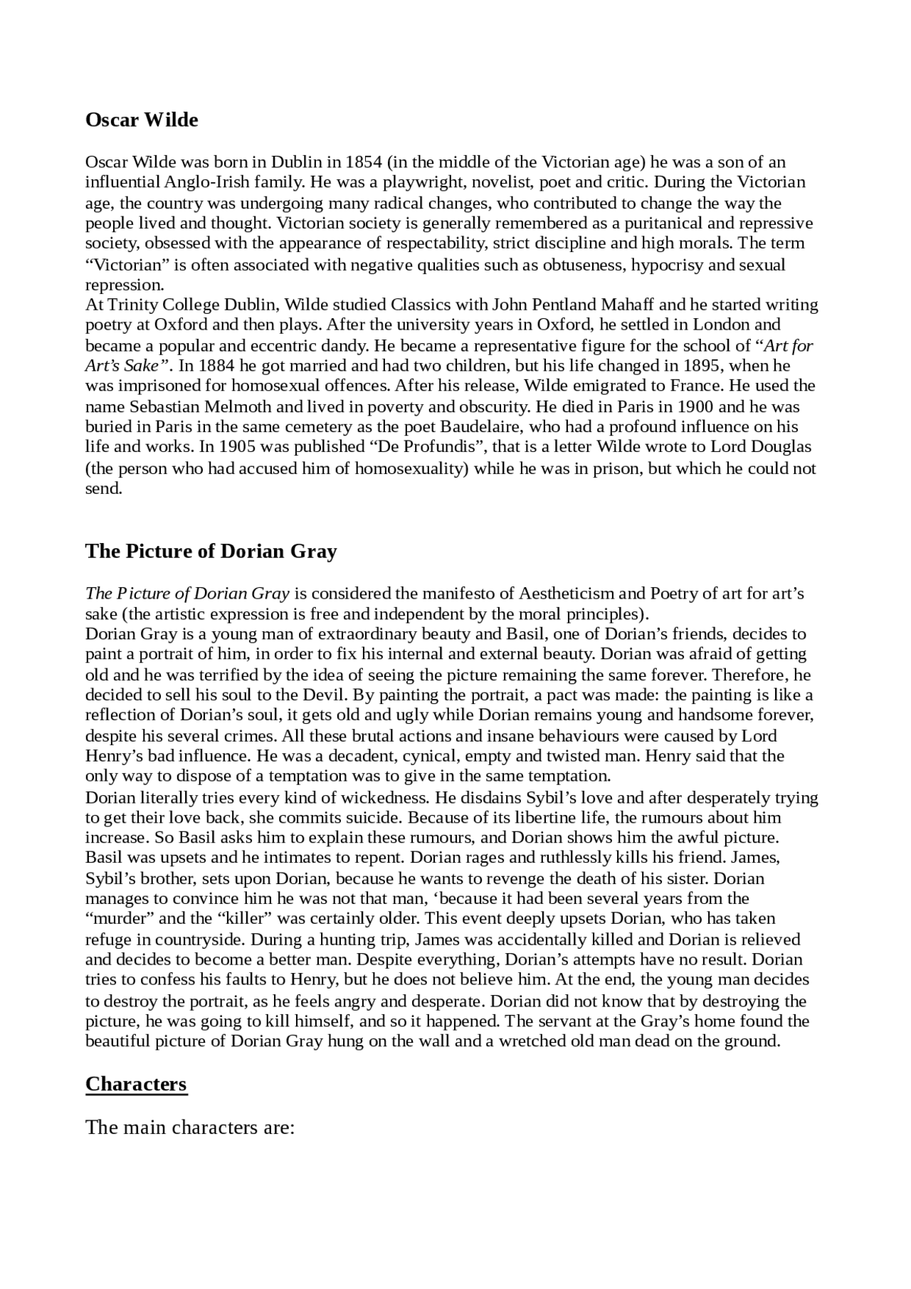 Oscar Wilde The Picture Of Dorian Gray Docsity