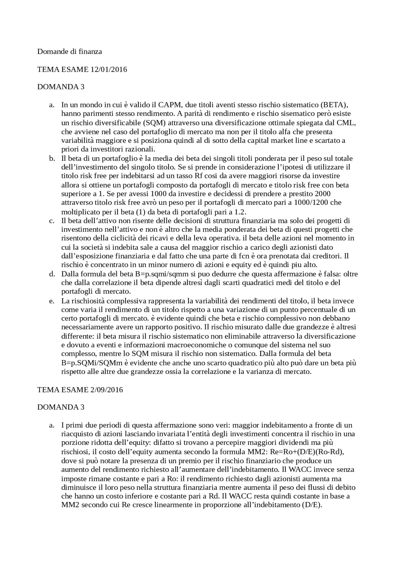 Domande E Risposte Finanza Aziendale Docsity