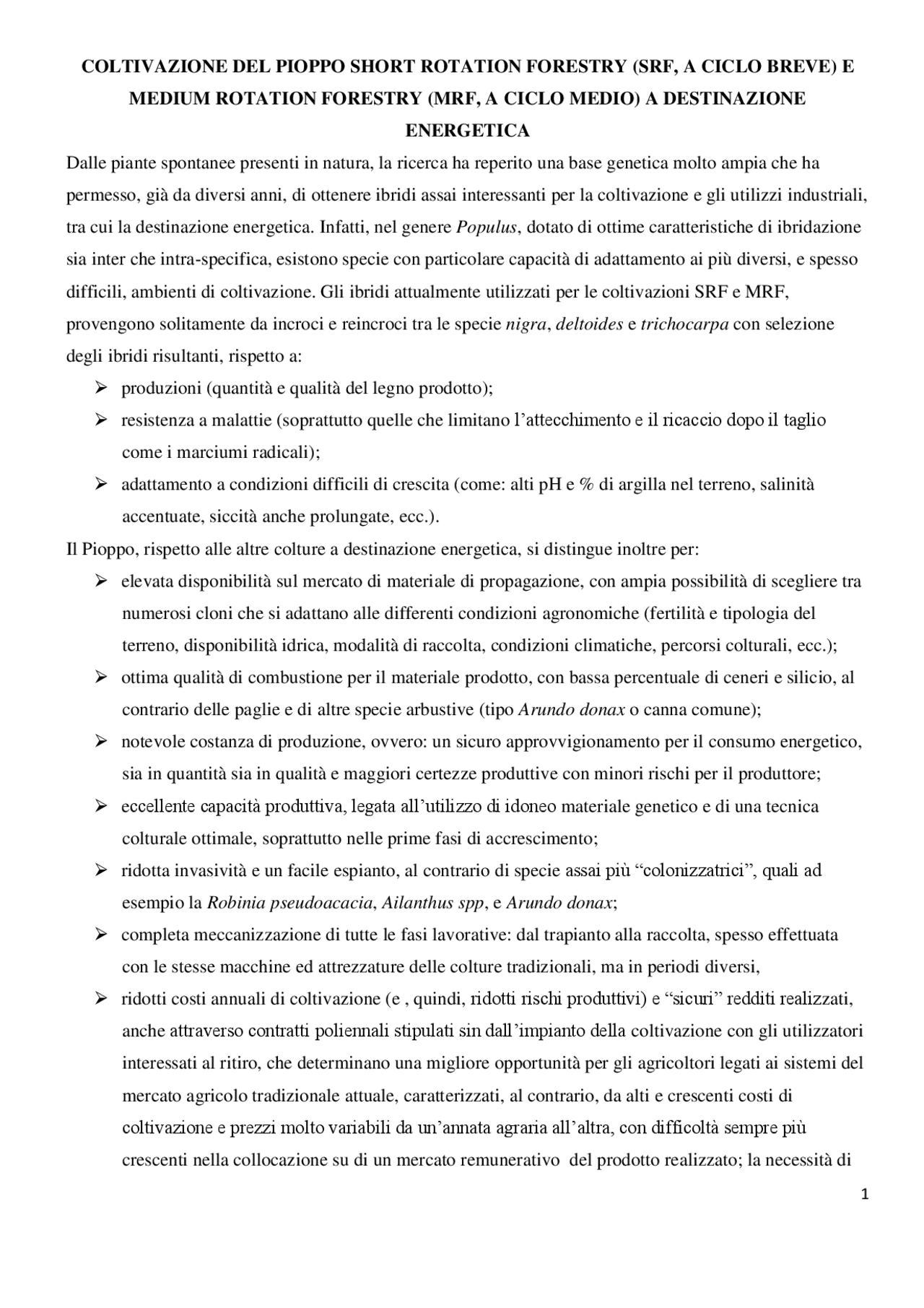 COLTIVAZIONE DEL PIOPPO SHORT ROTATION FORESTRY (SRF, A CICLO BREVE) E ...
