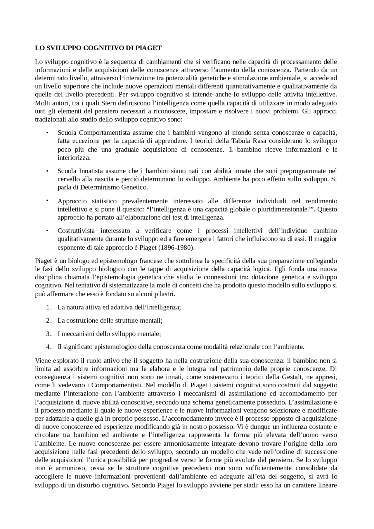 Lo Sviluppo Cognitivo Di Piaget Docsity