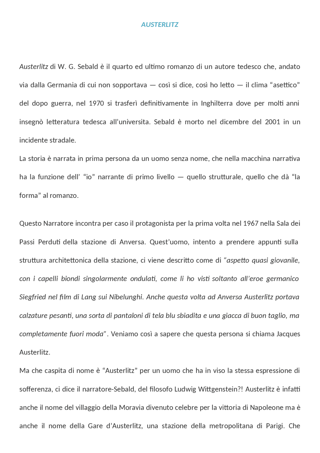 Riassunto Completo Del Libro Austerlitz Docsity