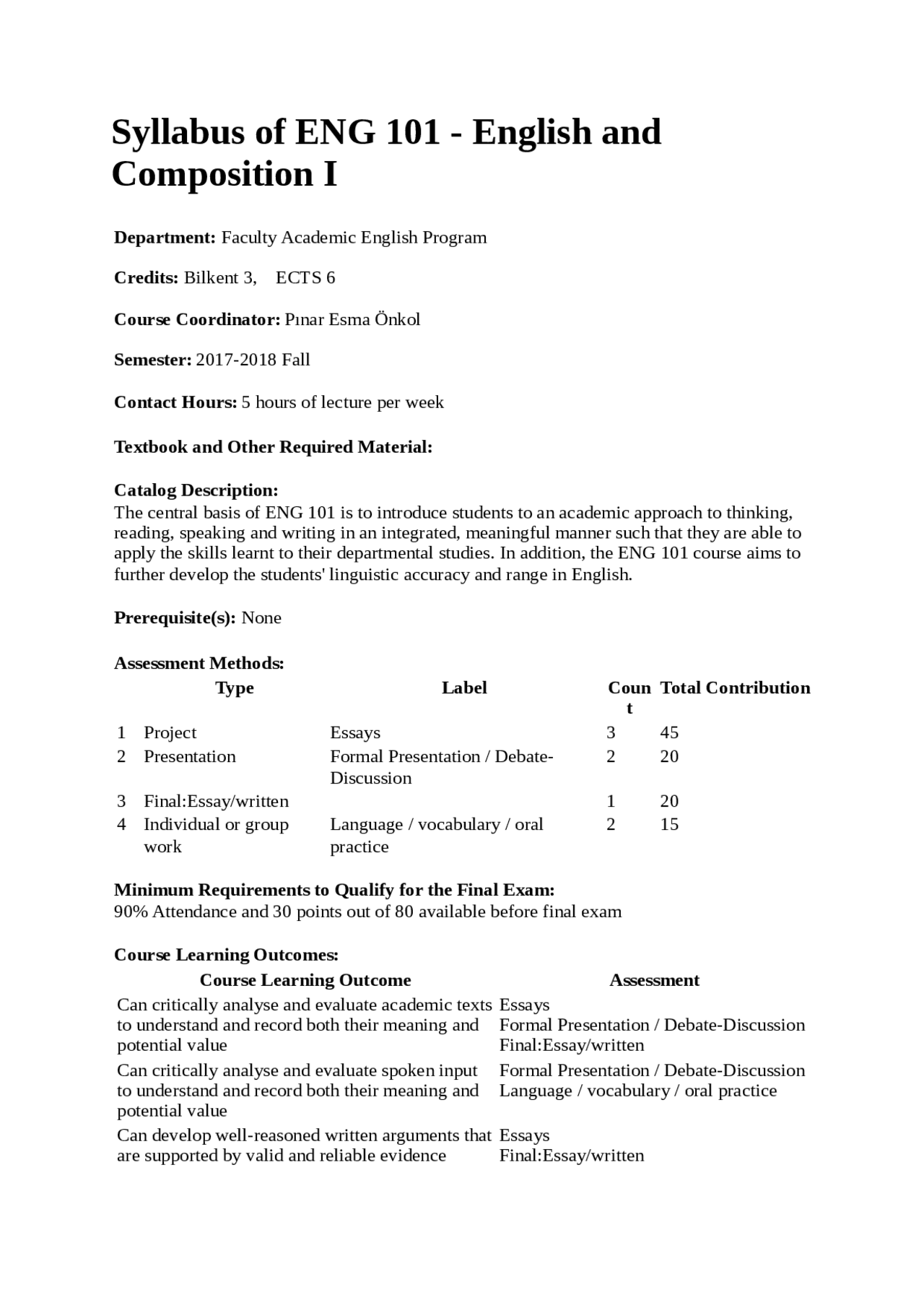 ENG101 Syllabus by best student - Docsity