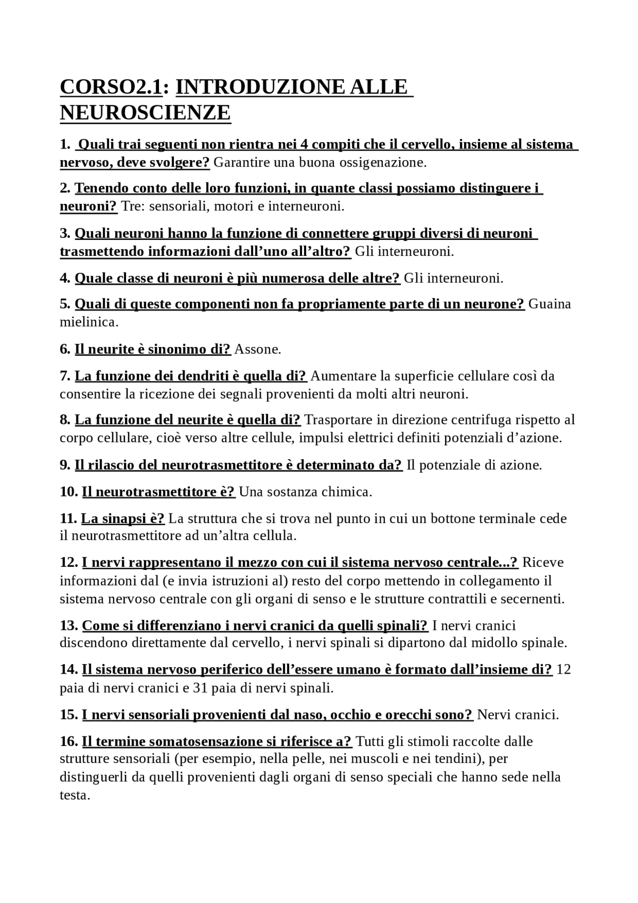 Introduzione Alle Neuroscienze Domande E Risposte Docsity