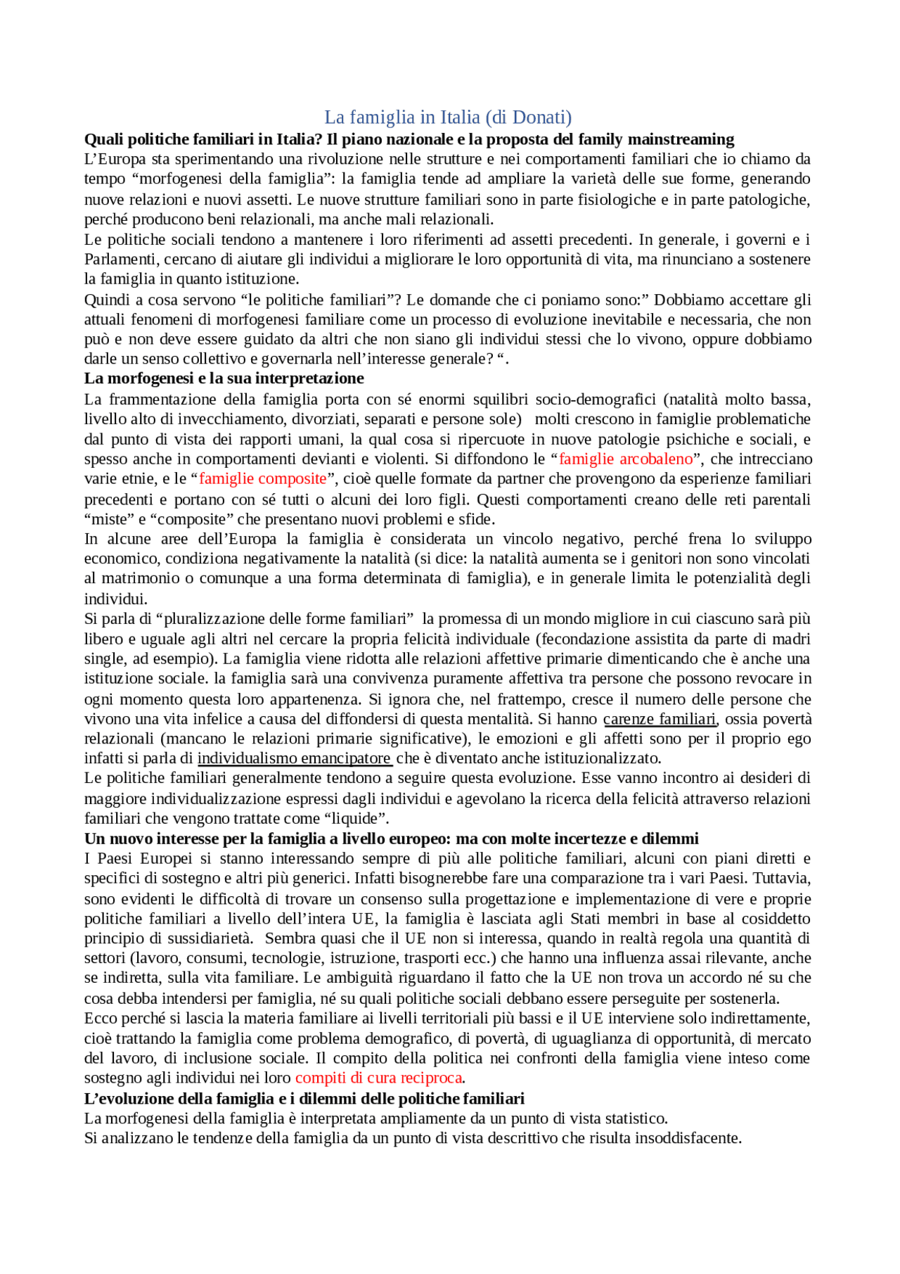 LA Famiglia IN Italia( Riassunto Esame) - Docsity