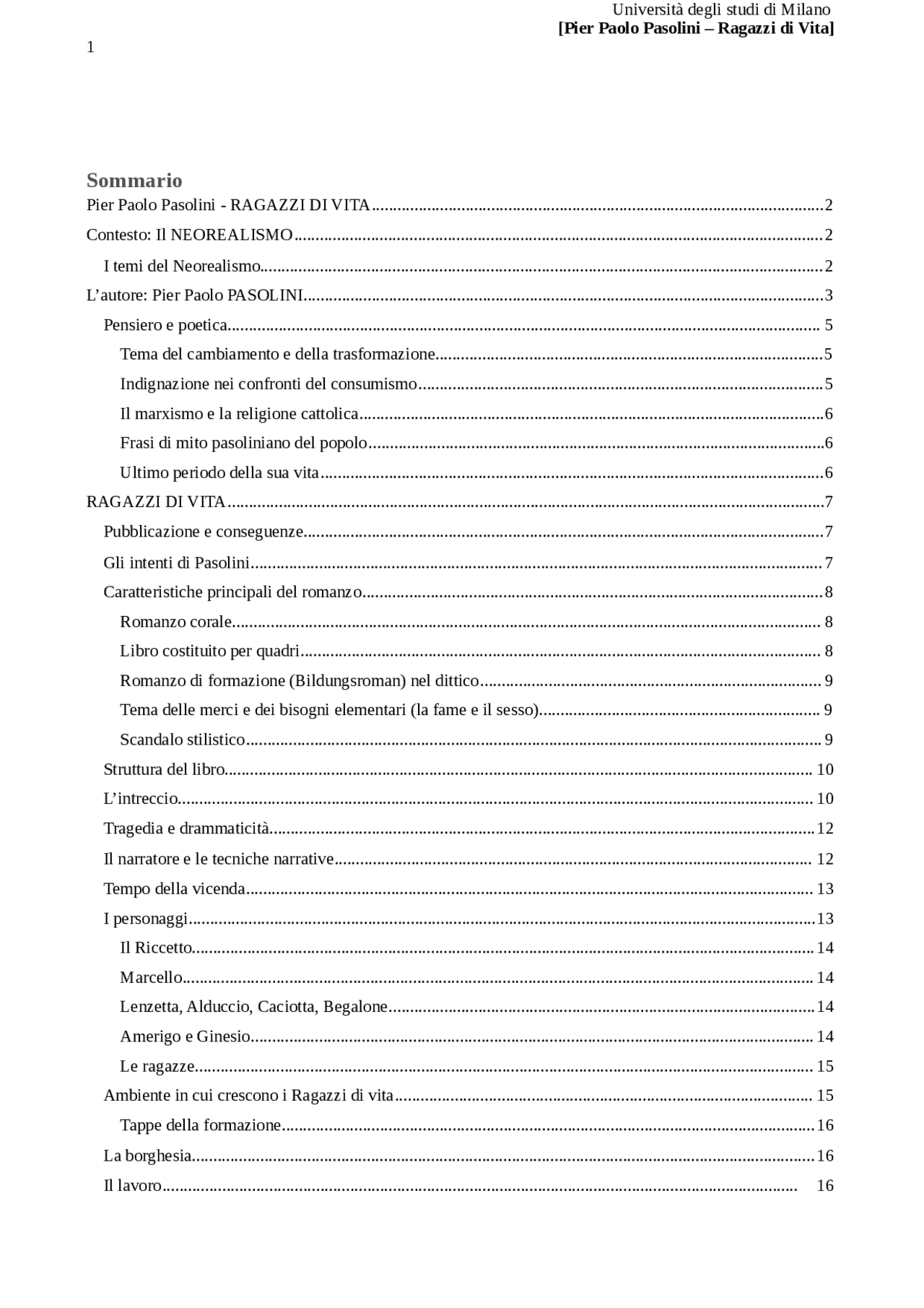 RAGAZZI DI VITA - PIER PAOLO PASOLINI | Appunti di Letteratura Italiana | Docsity