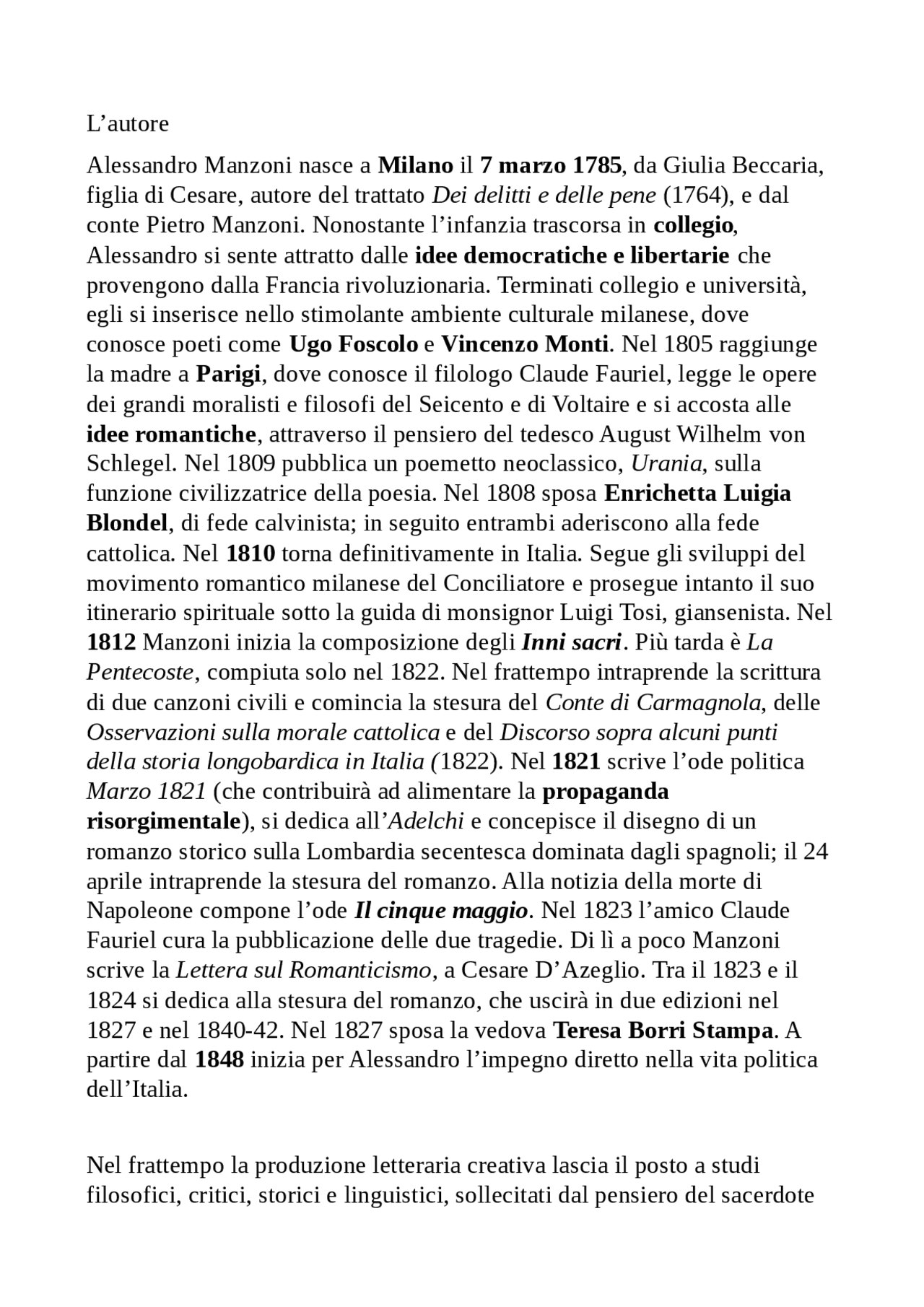 Riassunto Alessandro Manzoni - Docsity