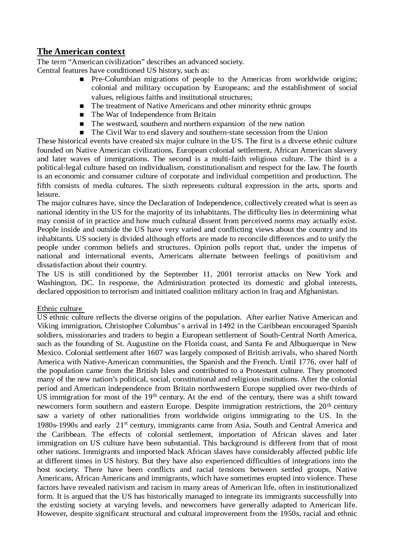 Riassunto Cap 1 American Civilization The American Context Docsity