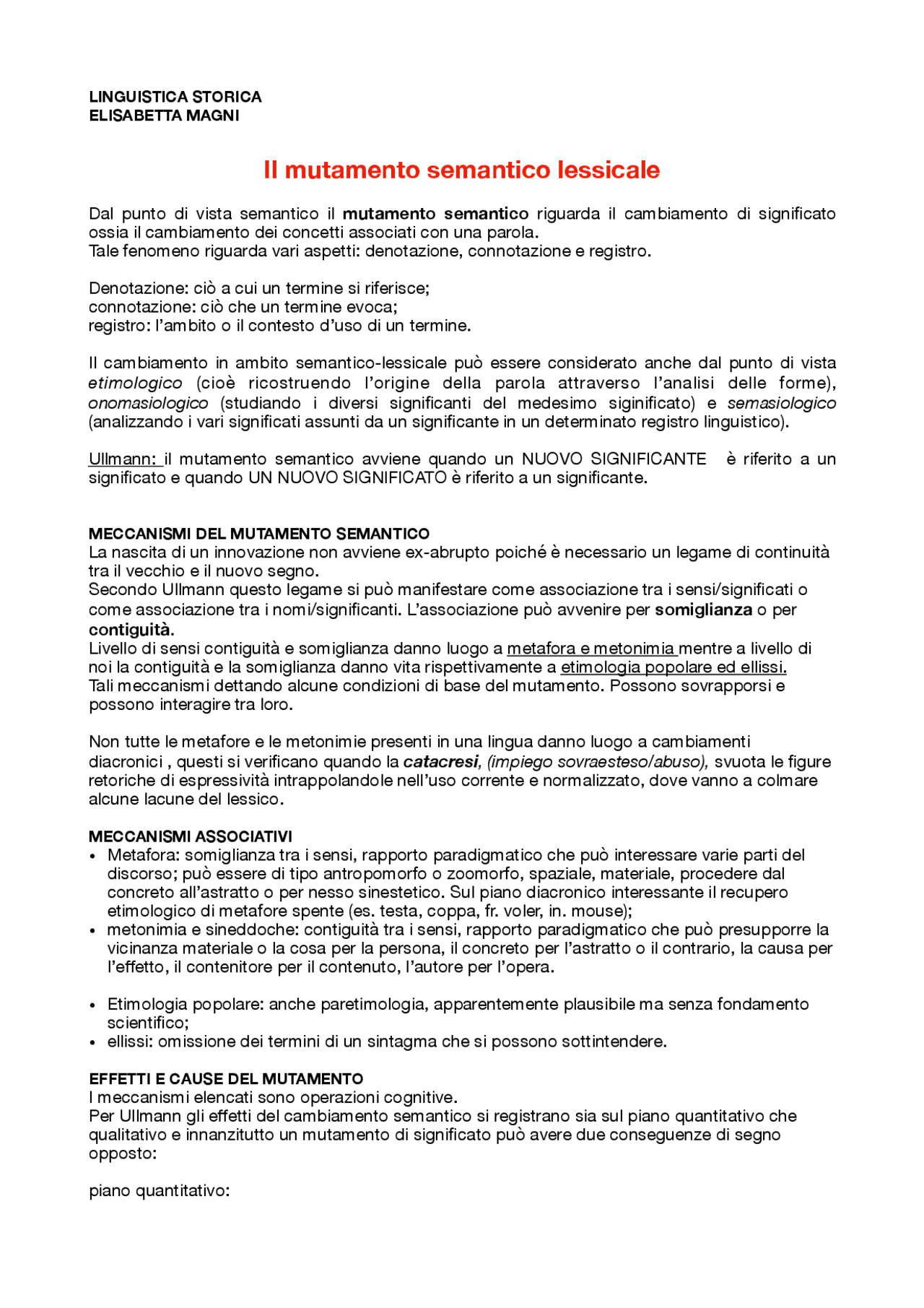 Glottologia Il Mutamento Semantico Lessicale Docsity