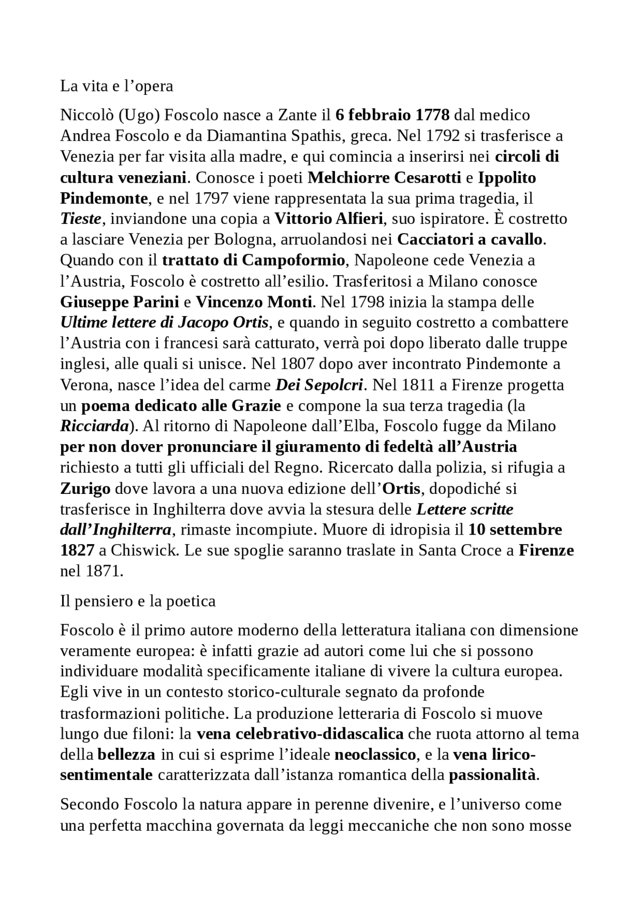 Riassunto Ugo Foscolo Docsity