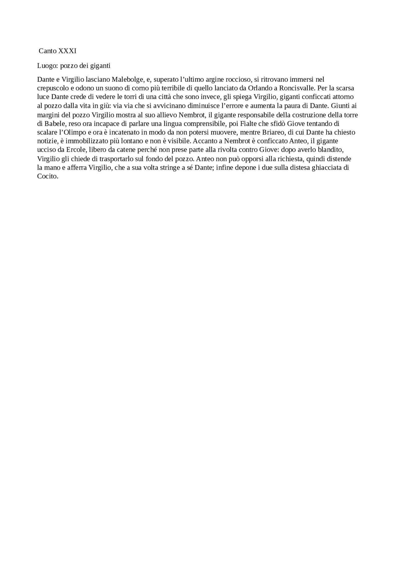 Riassunto Canto 31 Inferno Docsity