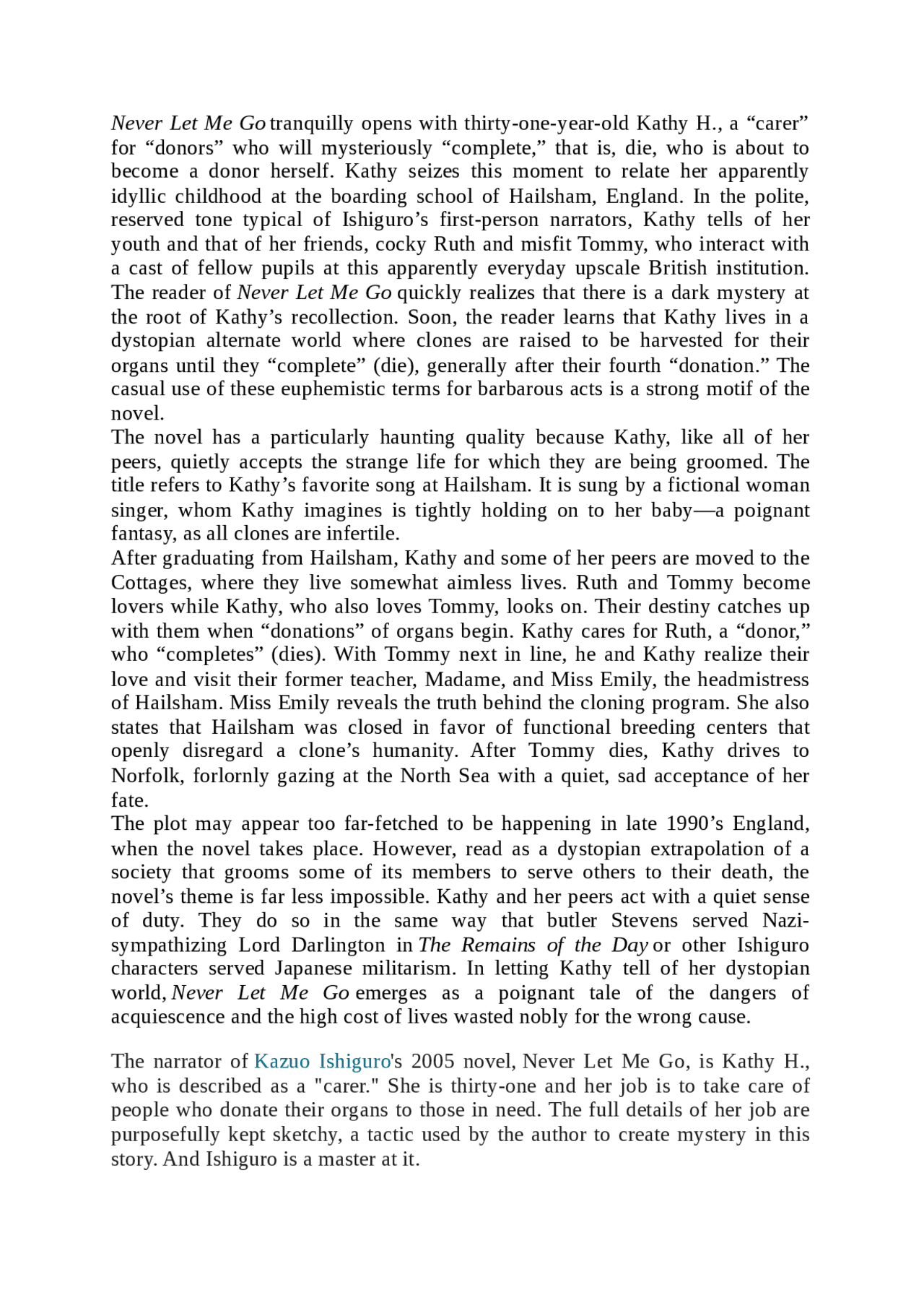 Summary completo del novel never let me go - Docsity