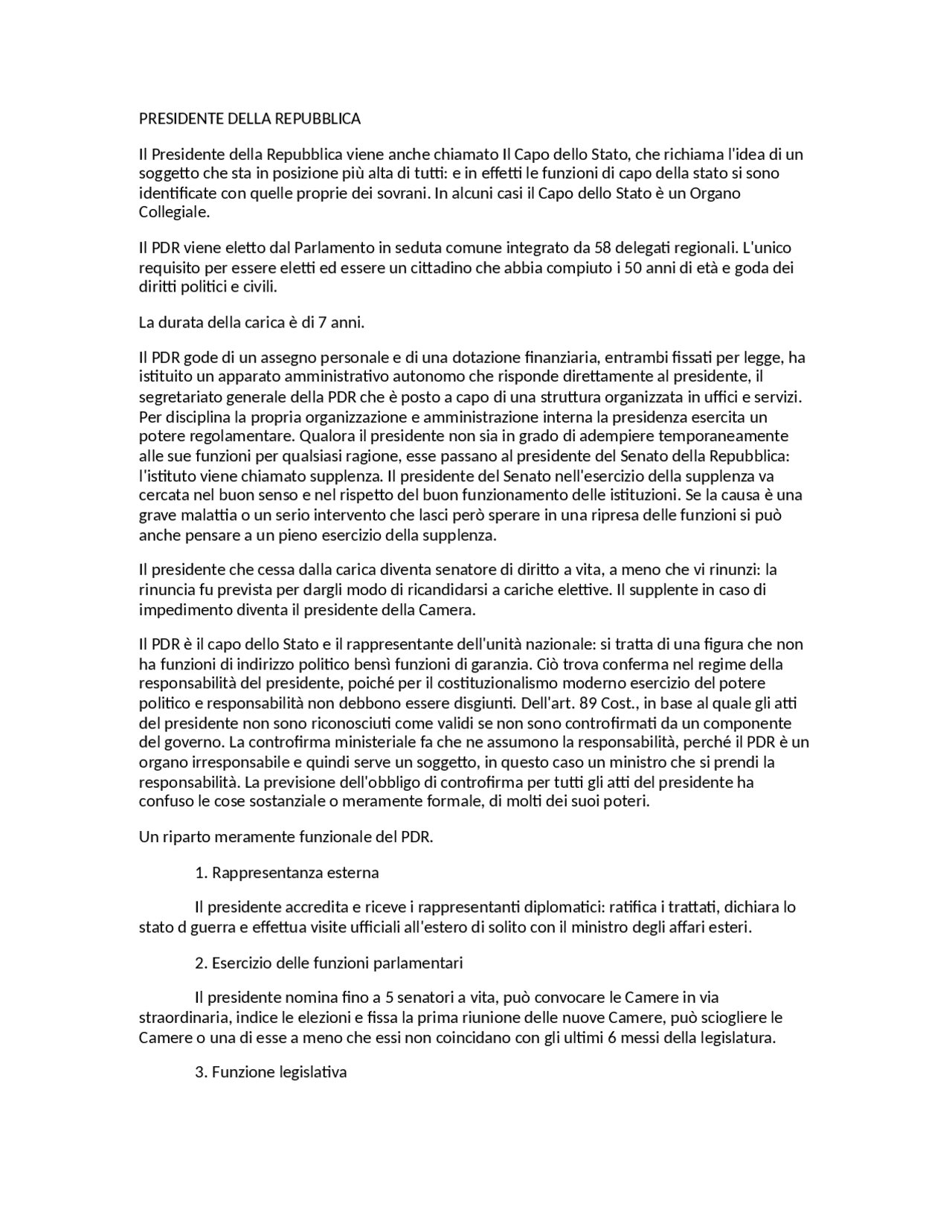 Riassunto Sul Presidente Della Repubblica Docsity