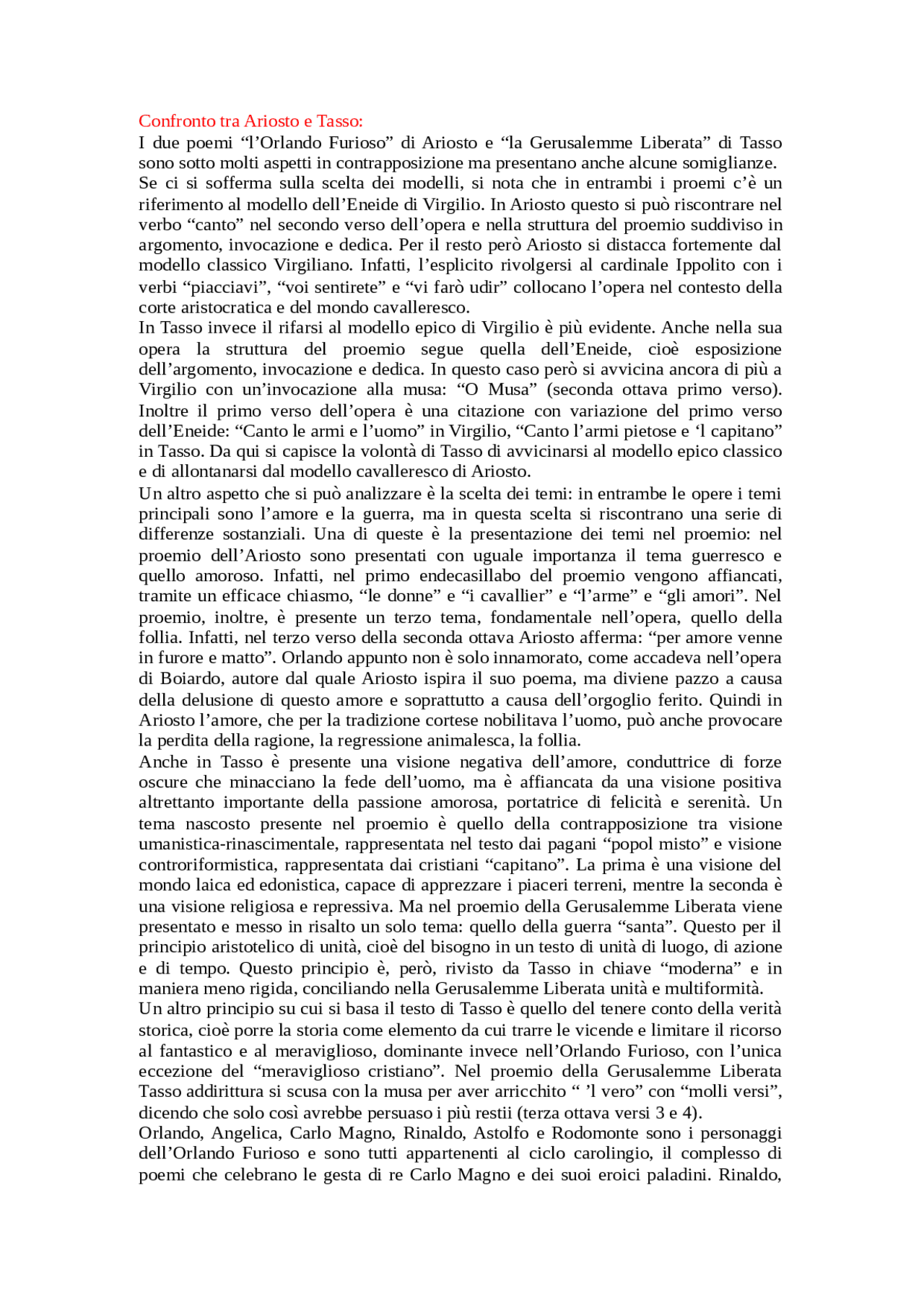 Confronto Tra Ariosto E Tasso Docsity