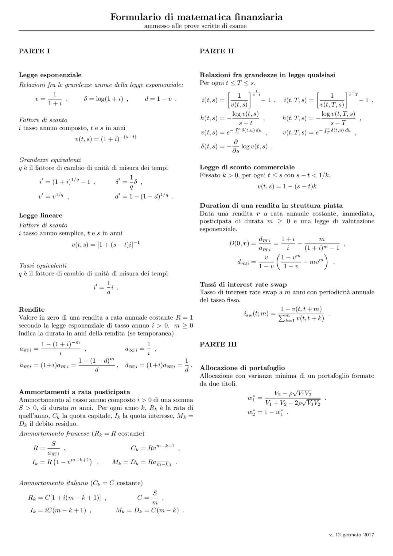 Prospetto riassuntivo delle formule principali di Matematica ...