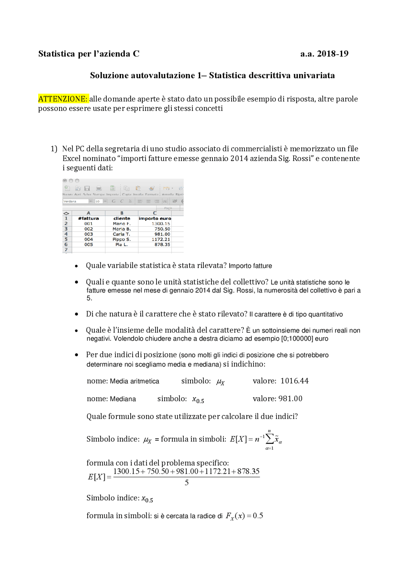 Autovalutazione statistica prima parte - Docsity