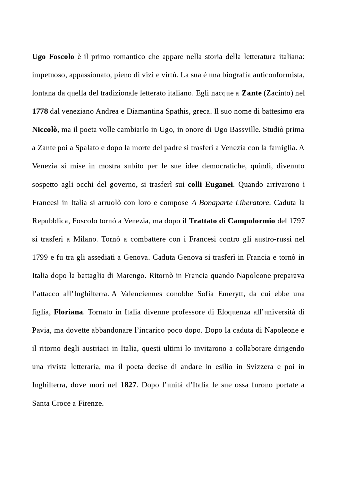 Foscolo Vita E Poesie Docsity