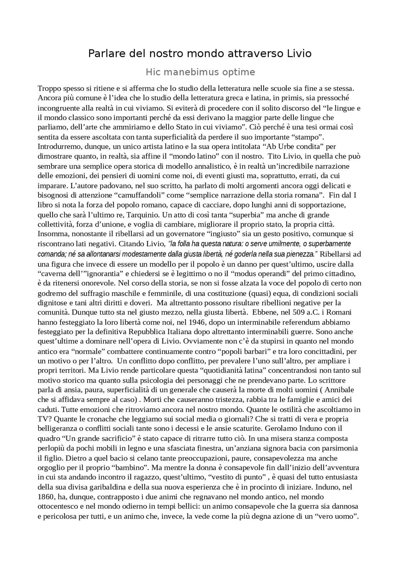 Saggio Breve Sullattualità Dellautore Latino Tito Livio Docsity