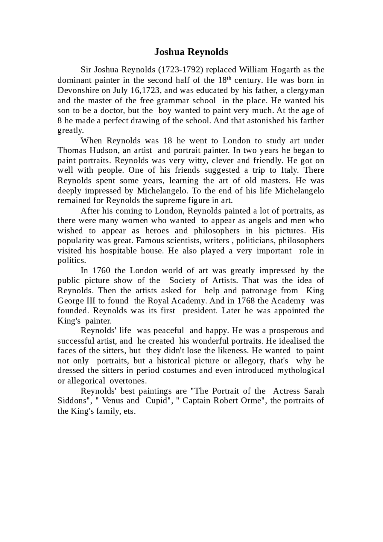 The biography of Joshua Reynolds - Docsity