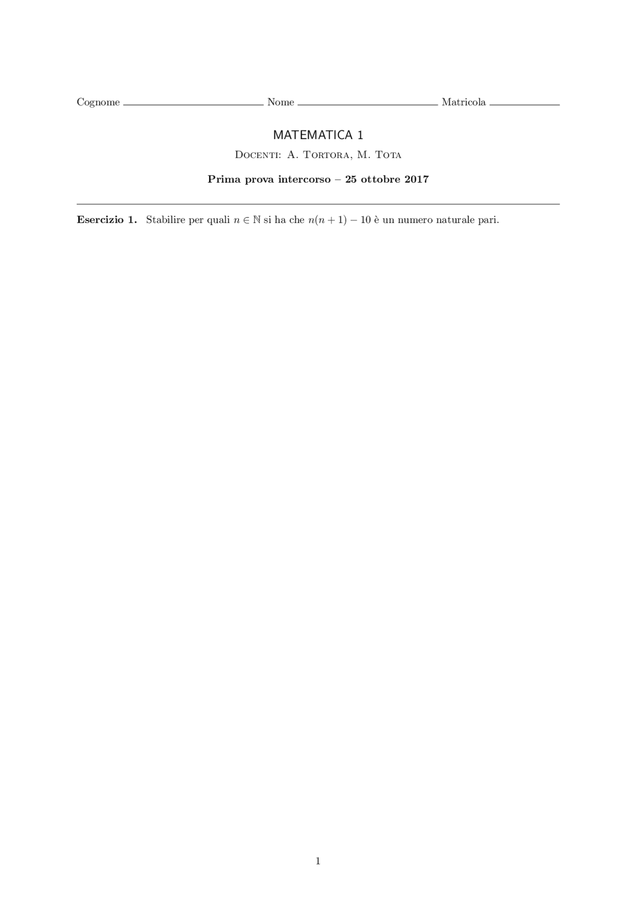 Matematica 1 esame prova - Docsity