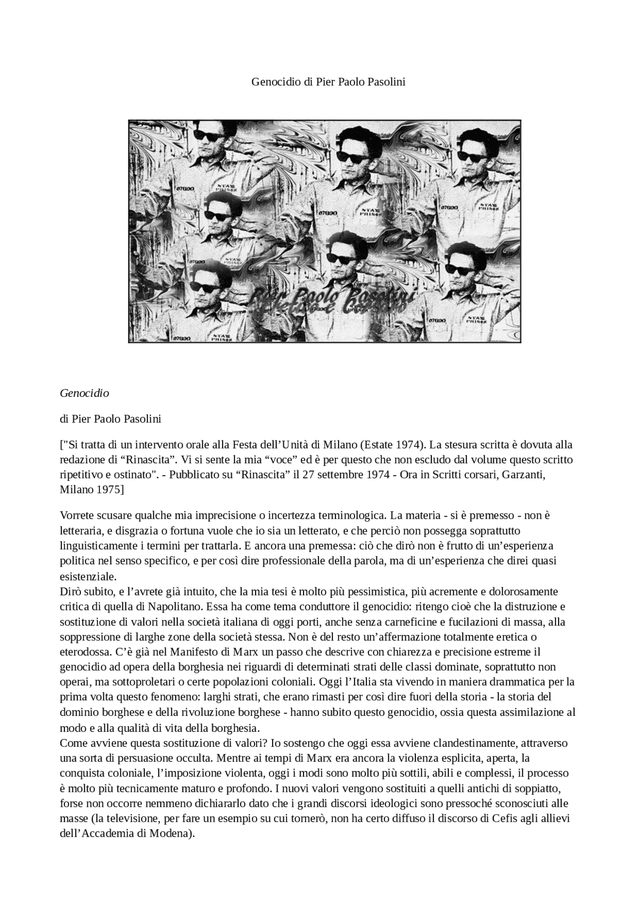 Genocidio Di Pier Paolo Pasolini Docsity