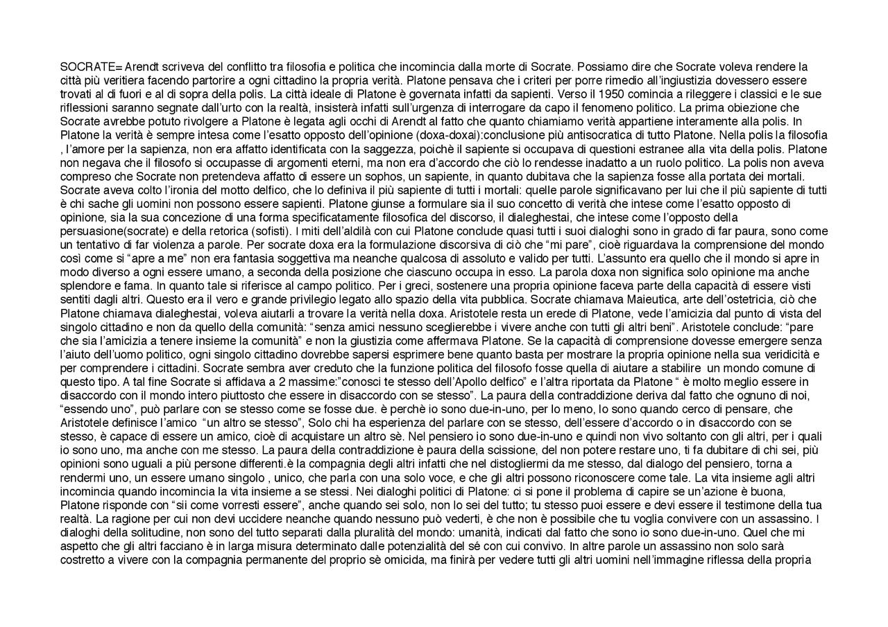 Super Riassunto Socrate Di Hanna Arendt Docsity