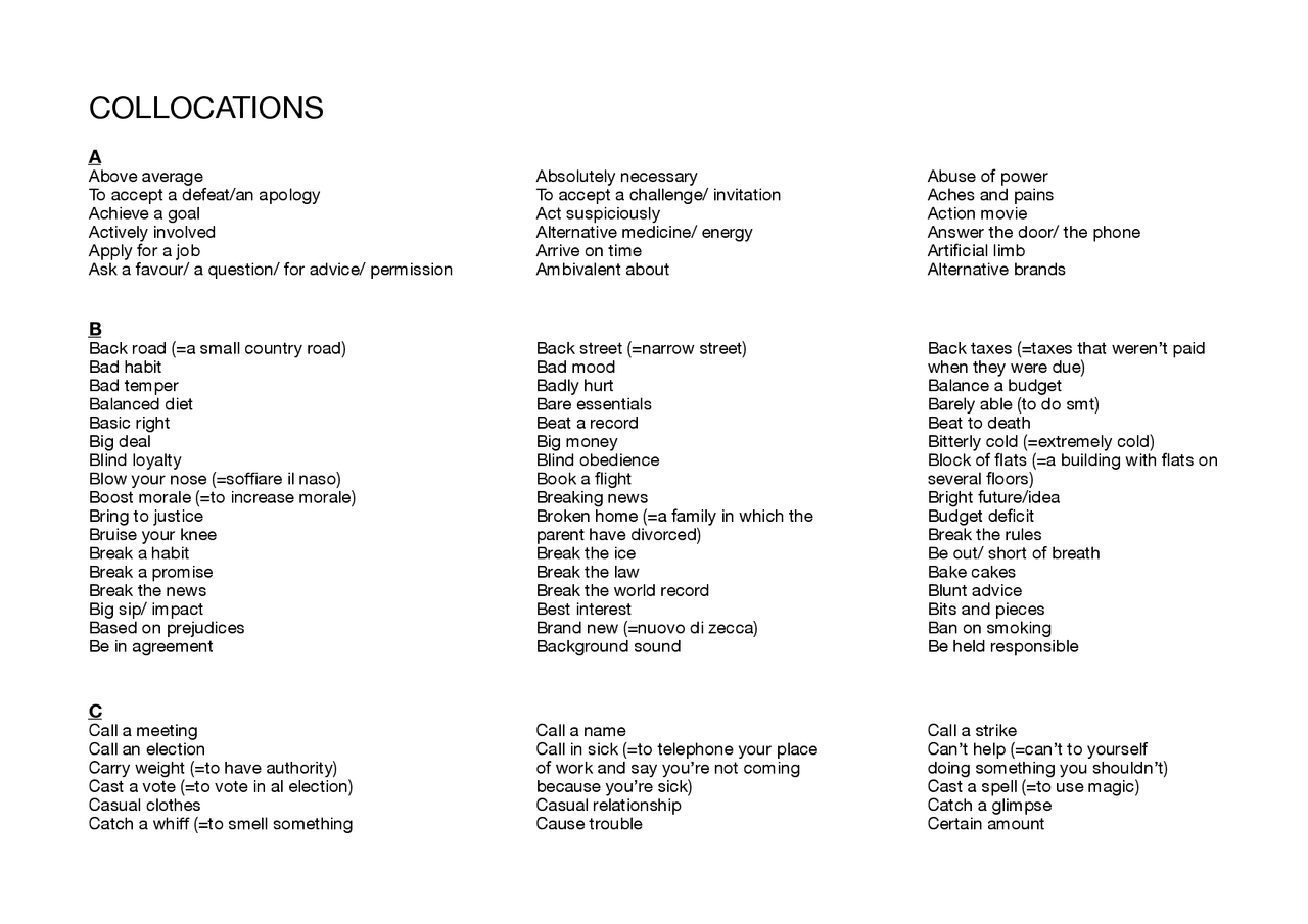 Collocations for English exam - Docsity