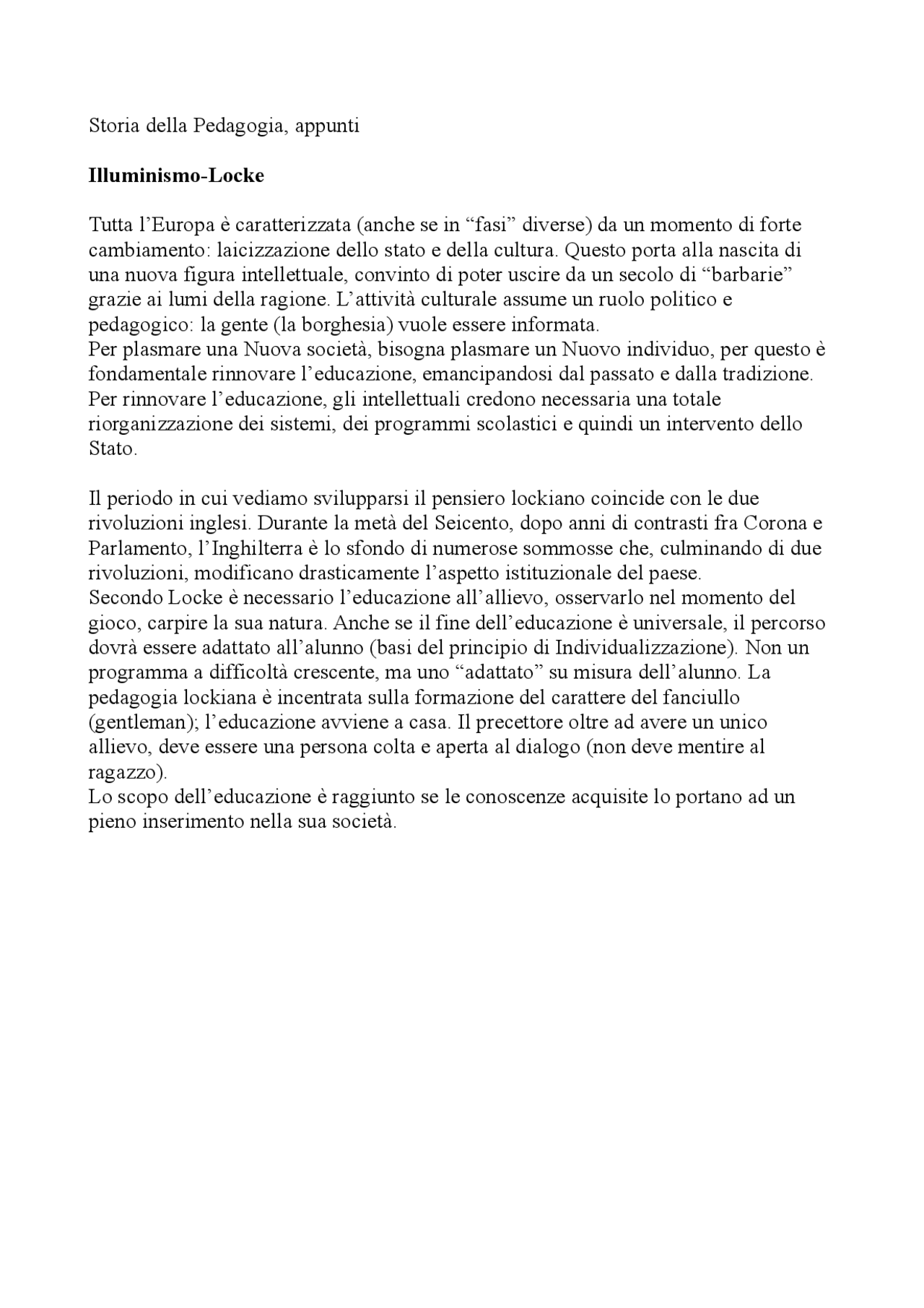 Appunti Di Storia Della Pedagogia Su Illuminismo E Locke Docsity