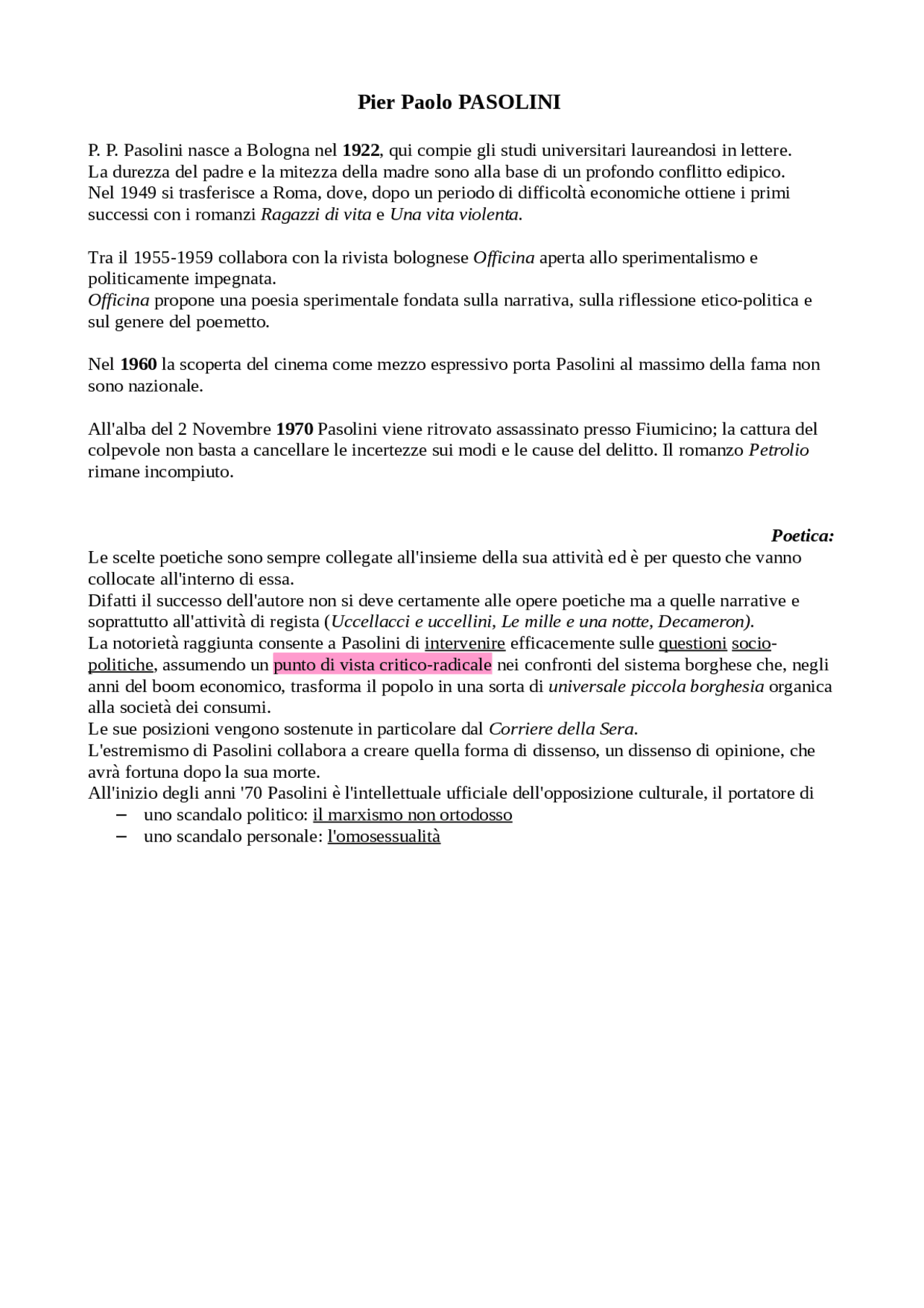 Pppasolini Vita Poetica E Opere Docsity
