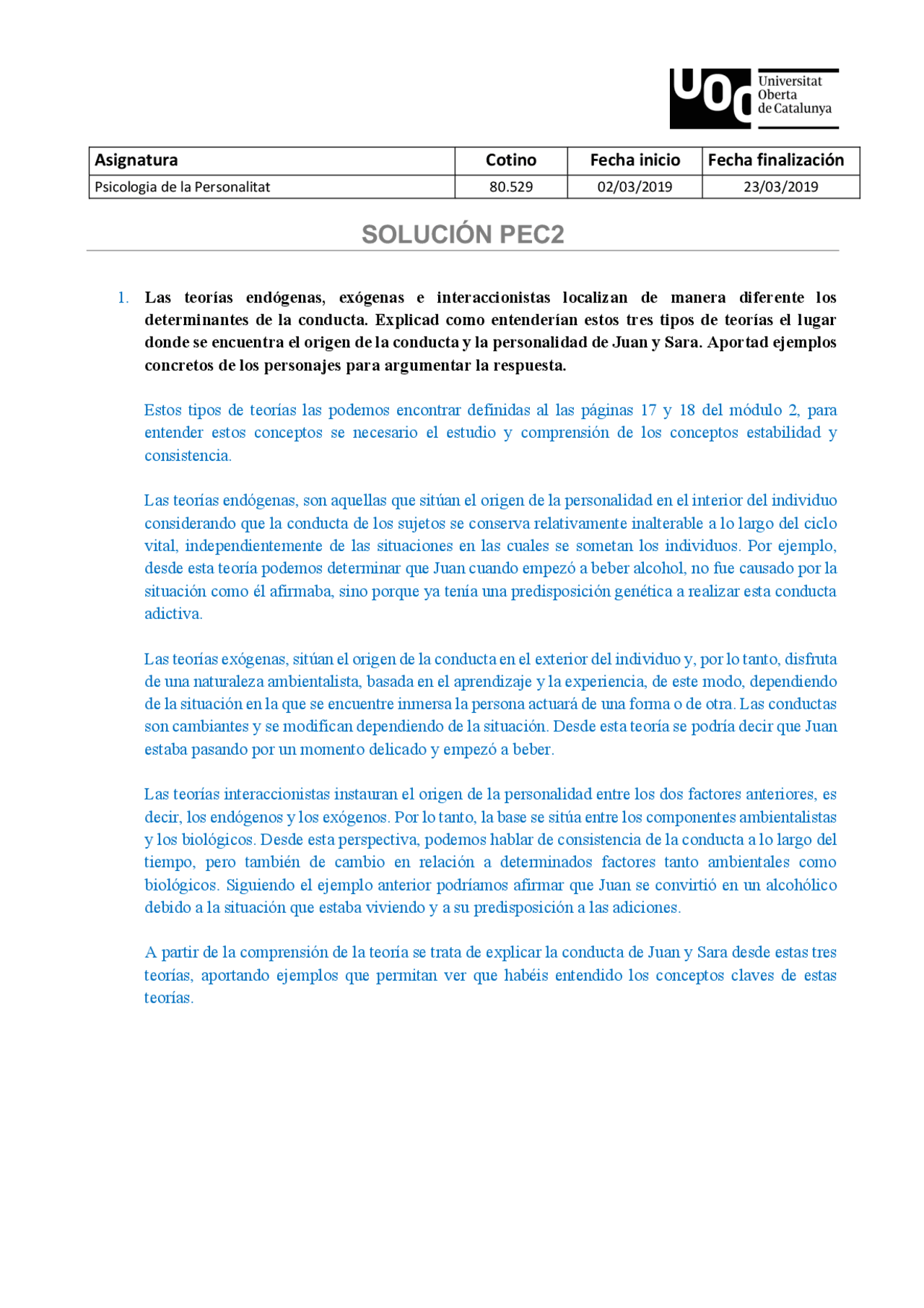 SOLUCION PEC 2 PSICOLOGIA APRENDIZAJE | Ejercicios de Psicología del Aprendizaje | Docsity