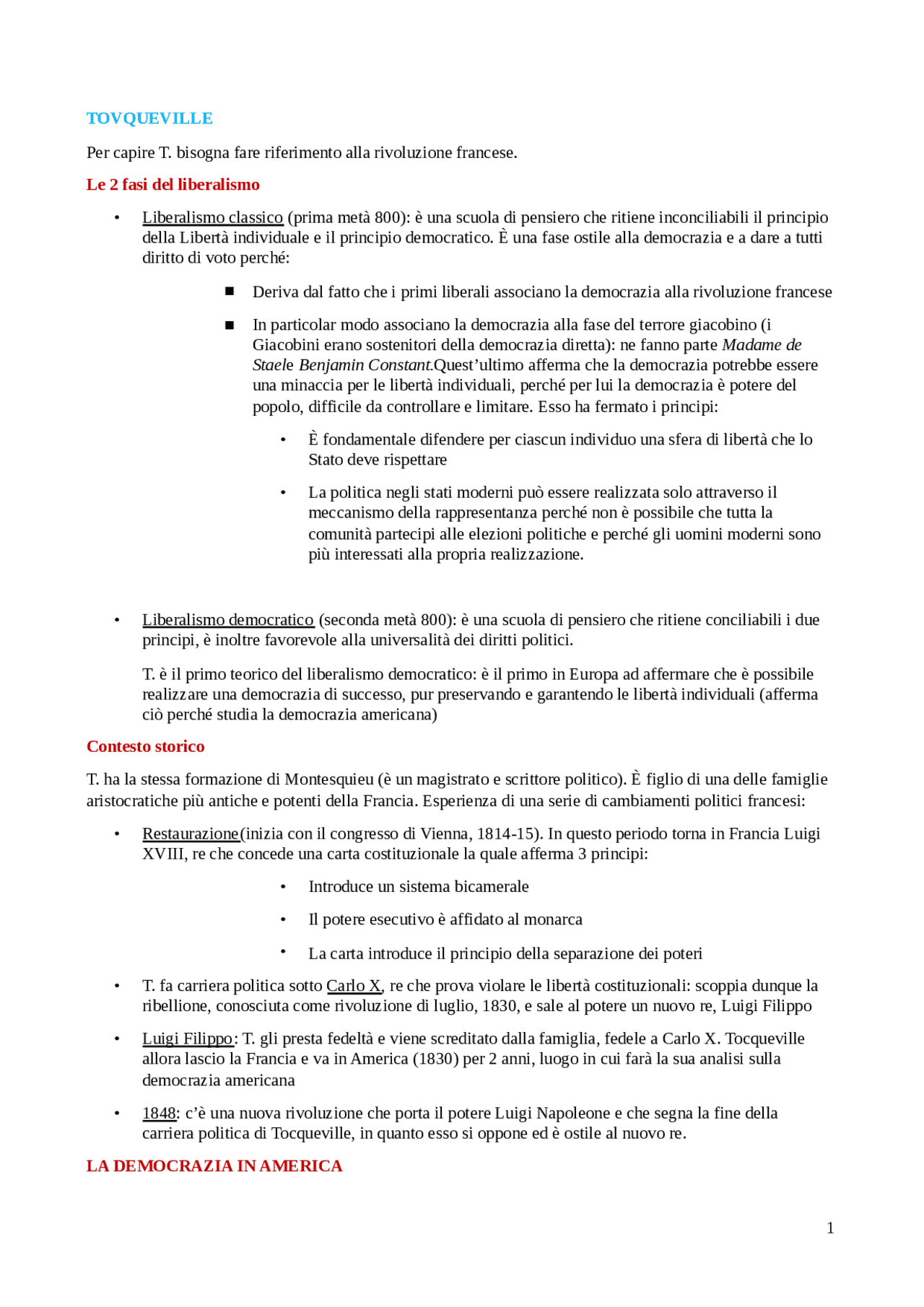 Appunti Lezione Pensiero Politico Di Tocqueville Docsity