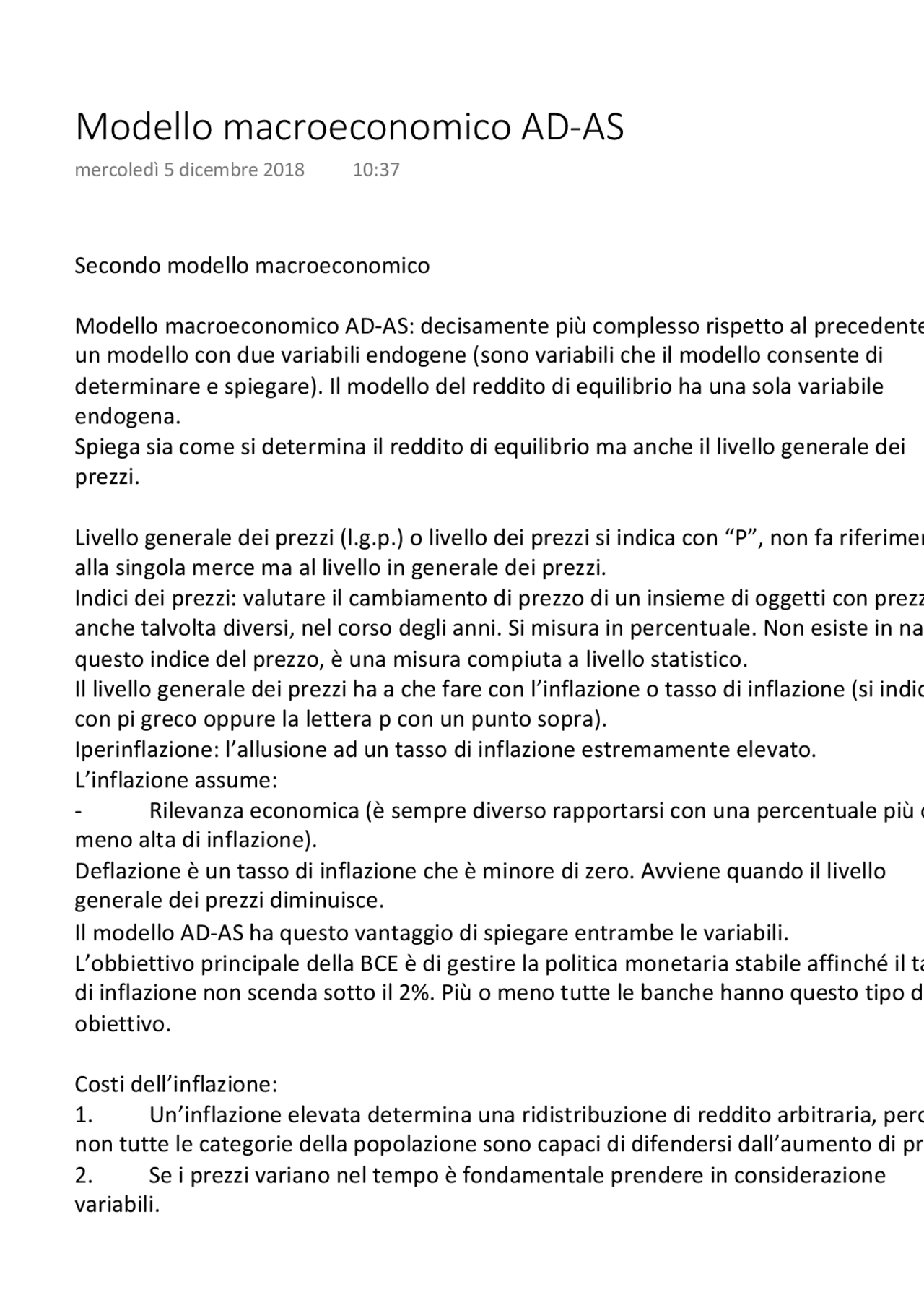 Appunti Modello Macroeconomico Ad As Docsity