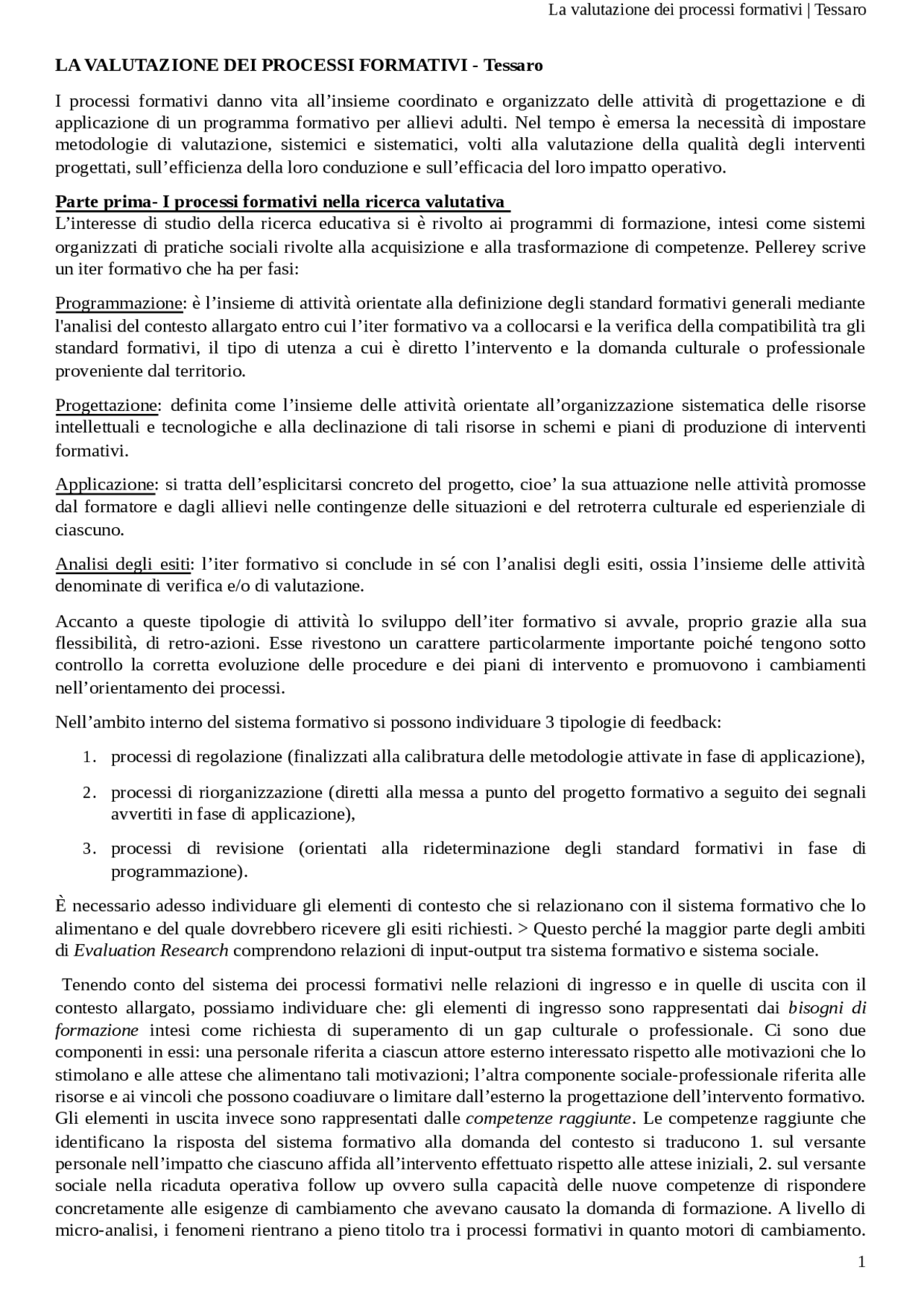 La Valutazione Dei Processi Formativi Tessaro Docsity