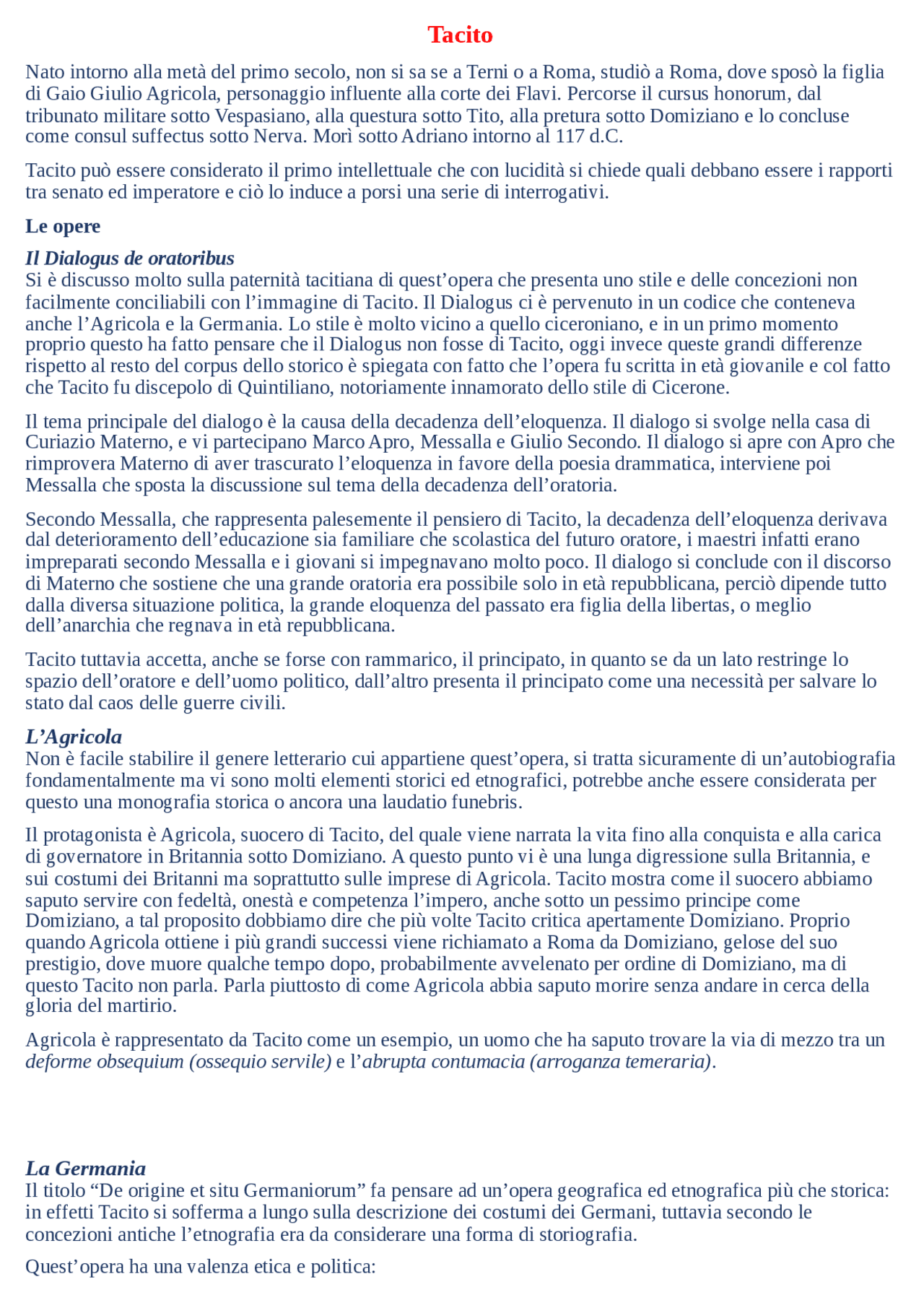 Tacito E Le Sue Opere Più Importanti Docsity