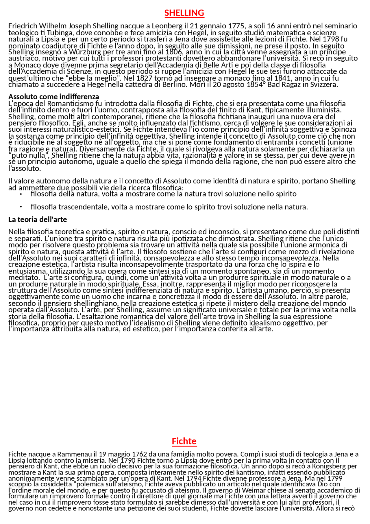 Dispense Per Il Liceo Su Schelling E Fichte Docsity