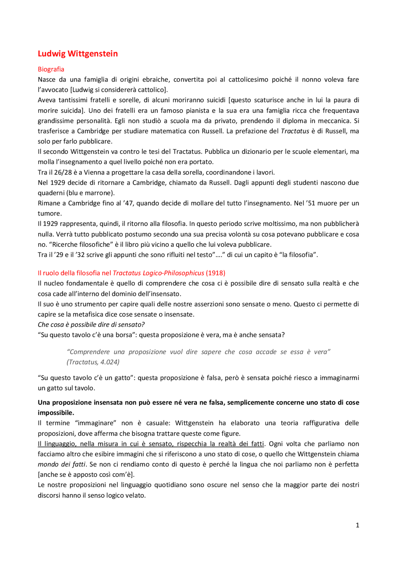 Primo E Secondo Wittgenstein Appunti Di Filosofia Teoretica Docsity