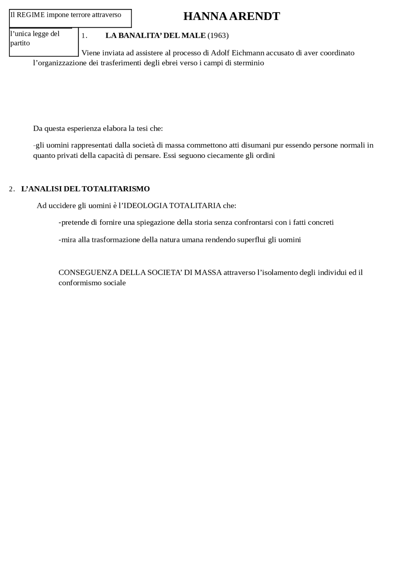 Hannah Arendt Schema Riassuntivo Docsity