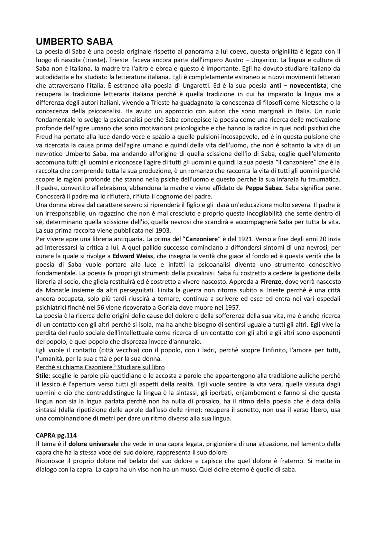 Appunti Di Italiano Umberto Saba Docsity
