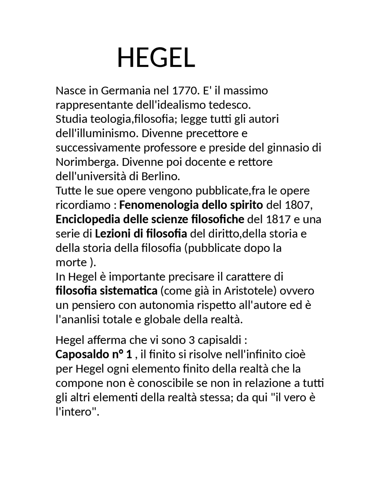 Hegel Vita E Opere Principali Docsity