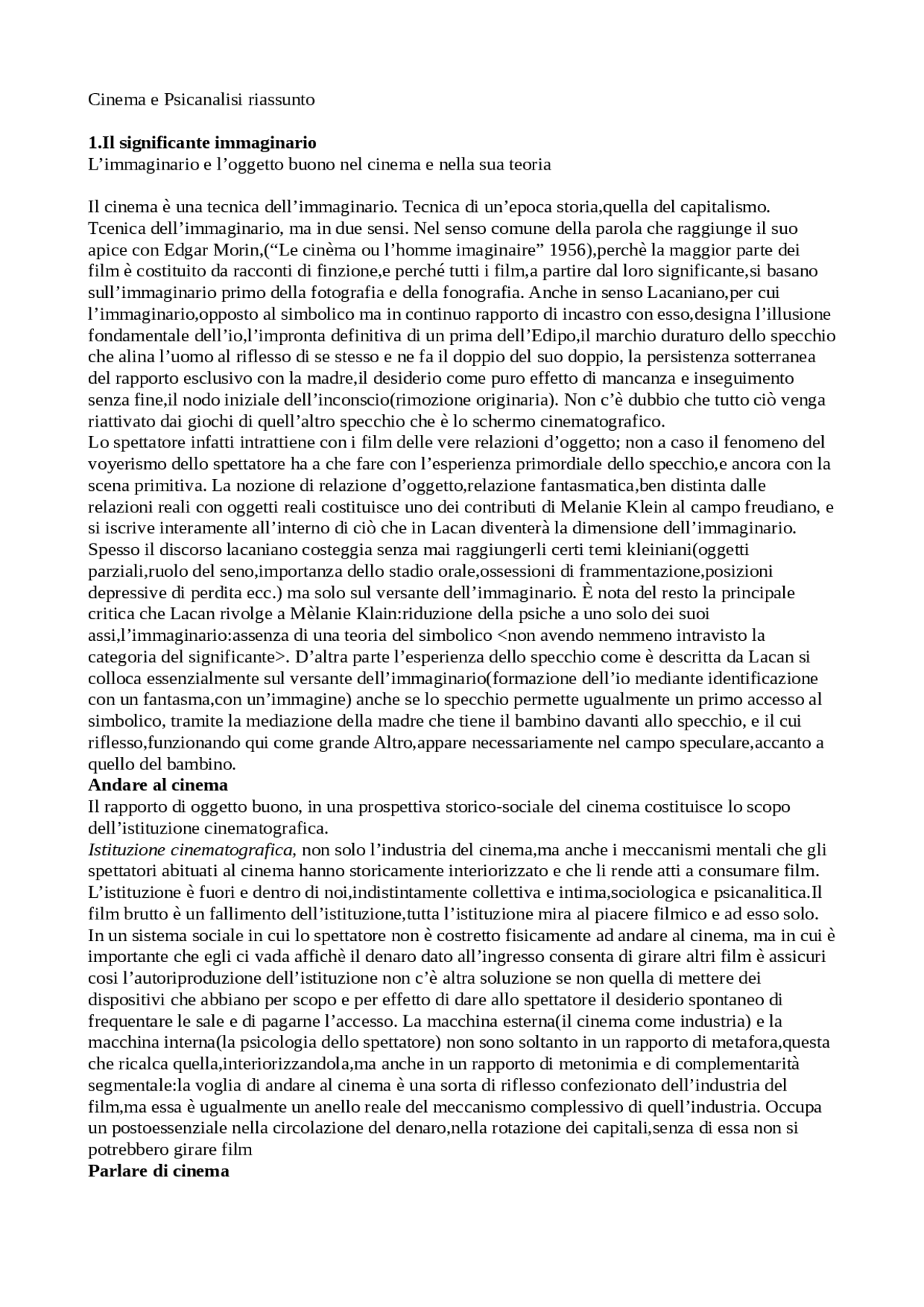 Cinema E Psicanalisi Di Metz Docsity