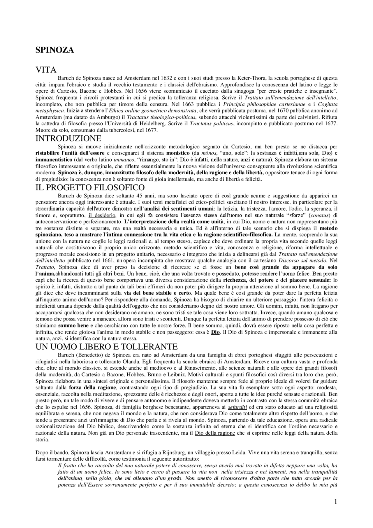 Filosofia Di Spinoza Docsity