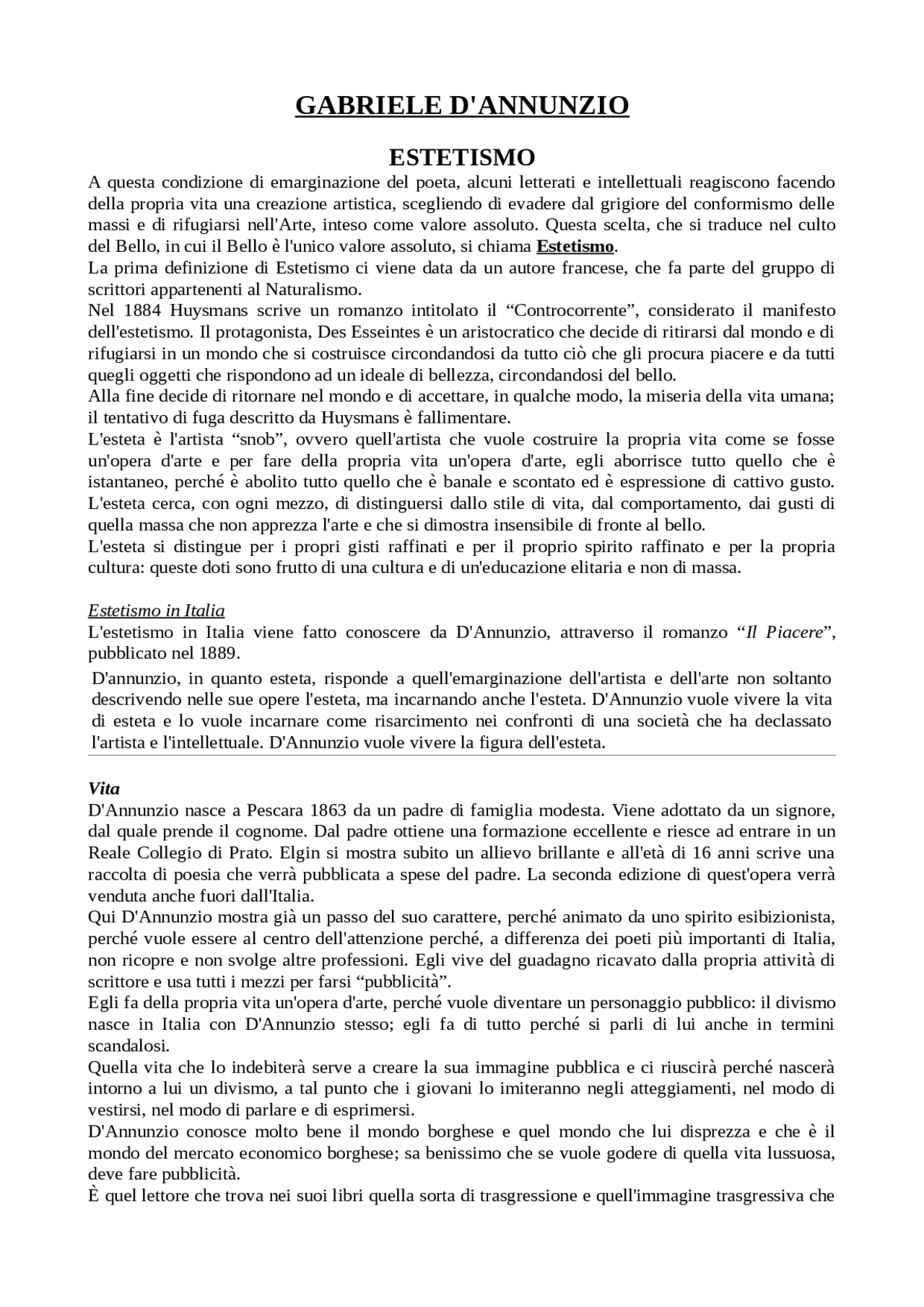 Appunti Di Italiano Gabriele Dannunzio Docsity