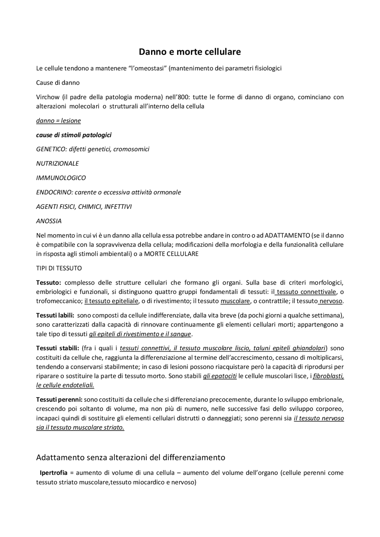 Danno e morte cellulare, principali differenze - Docsity