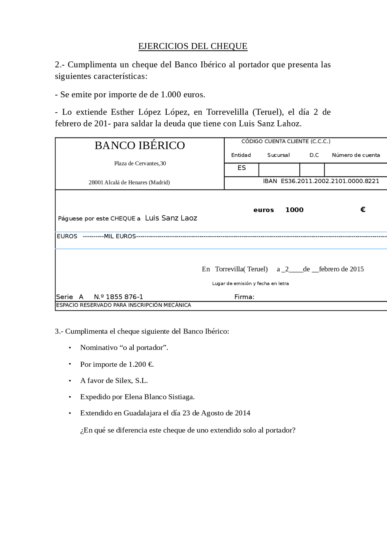 EJERCICIOS DEL CHEQUE - Docsity