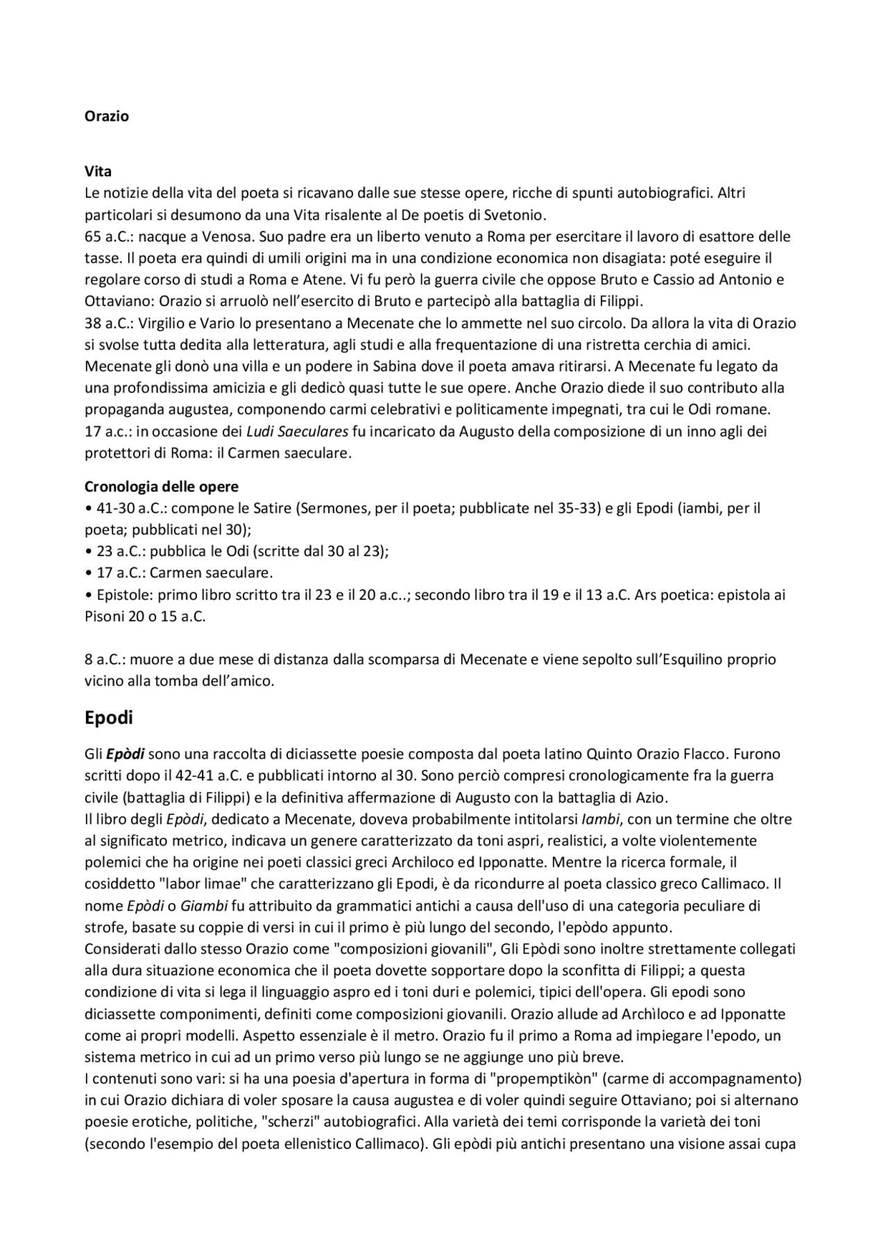 Vita E Opere Di Orazio Docsity