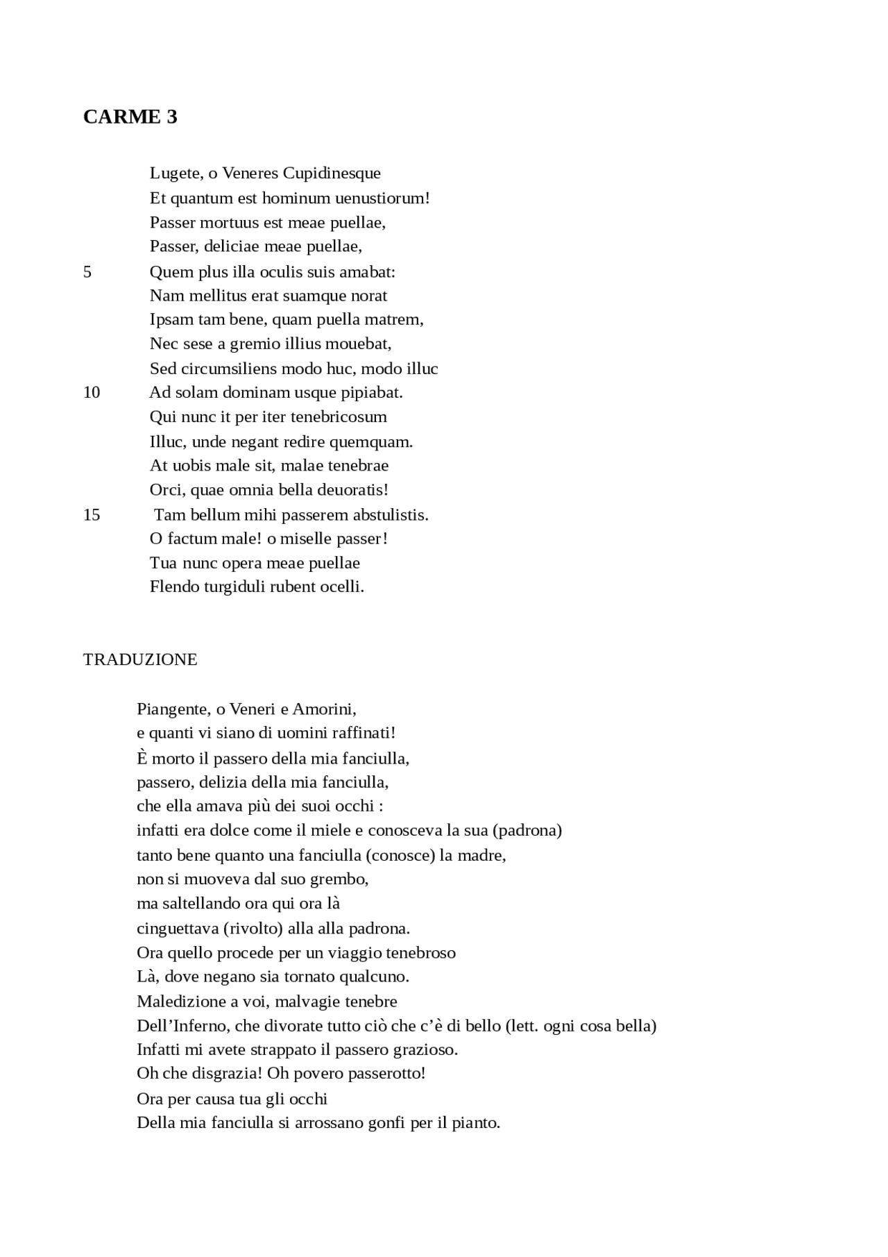 Catullo Traduzione e analisi CARME 3 - Docsity