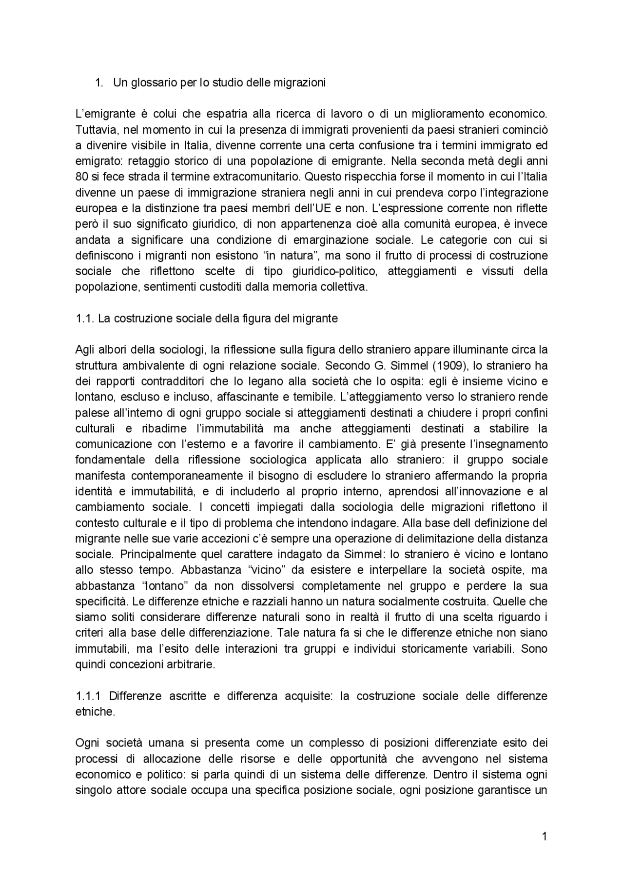 Riassunto Primi 3 Capitoli Sociologia Delle Migrazioni Zanfrini Docsity